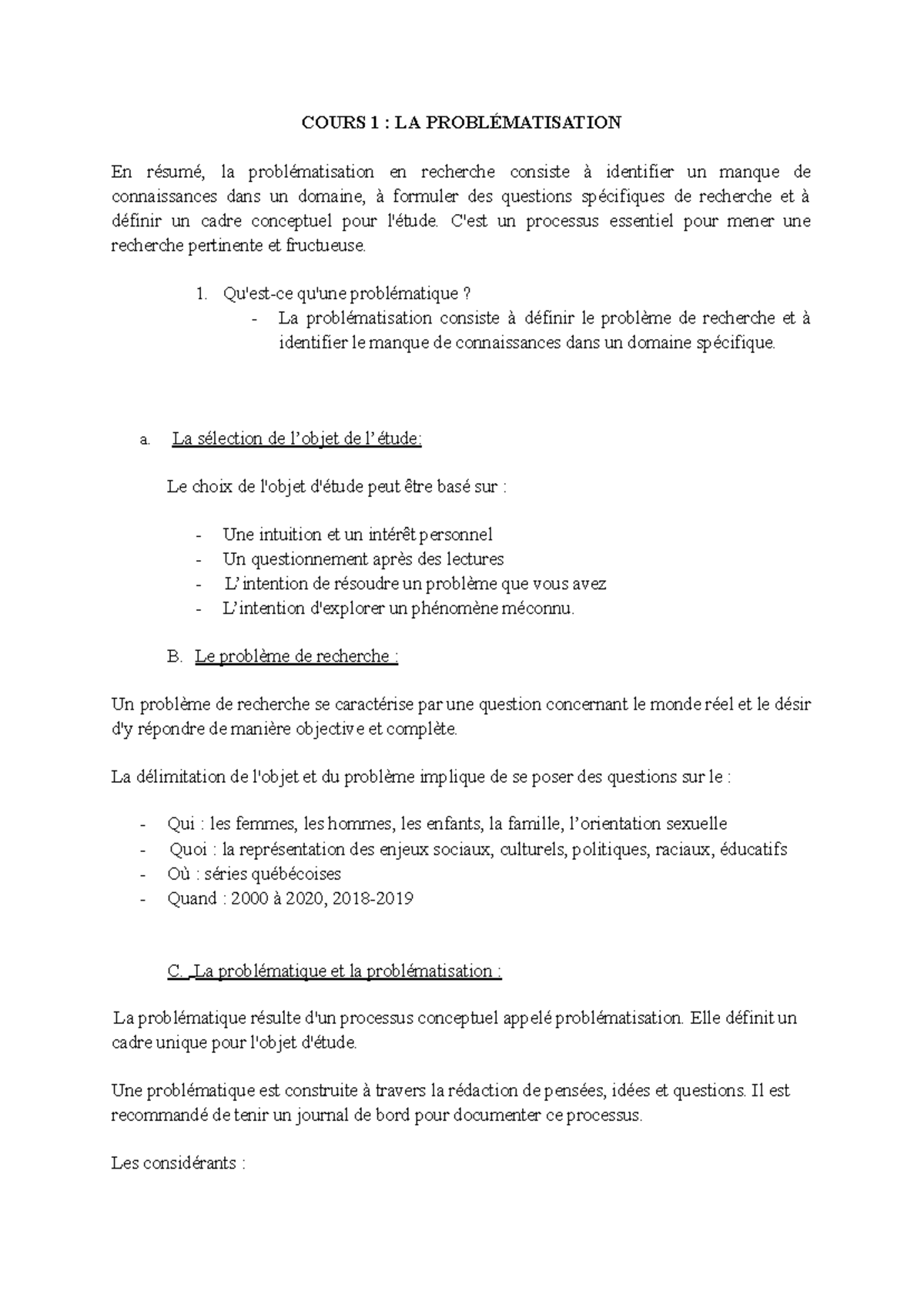 Cours 1 La problématisation - COURS 1 : LA PROBLÉMATISATION En résumé ...