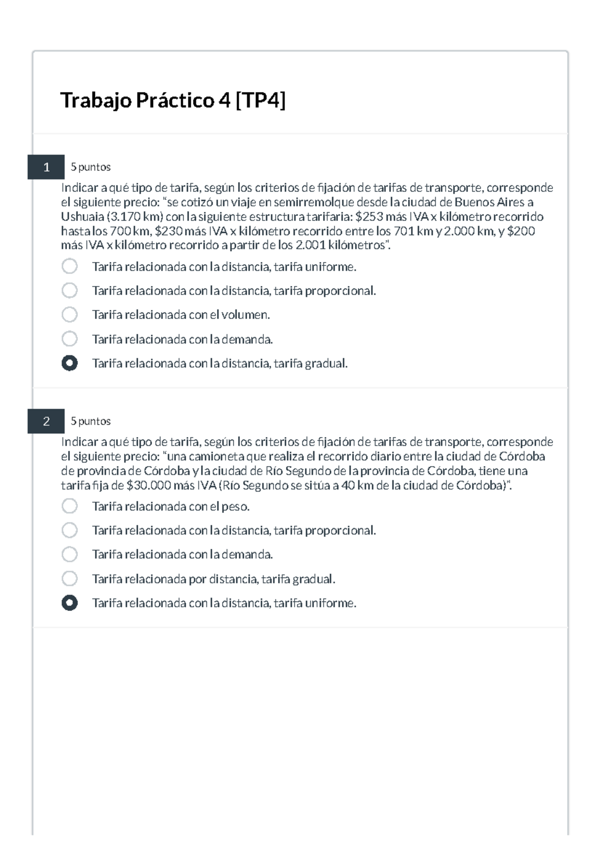 Trabajo Práctico 4 [TP4] Logistica 75% - 5 puntos Indicar a qué tipo de tarifa, según los ...