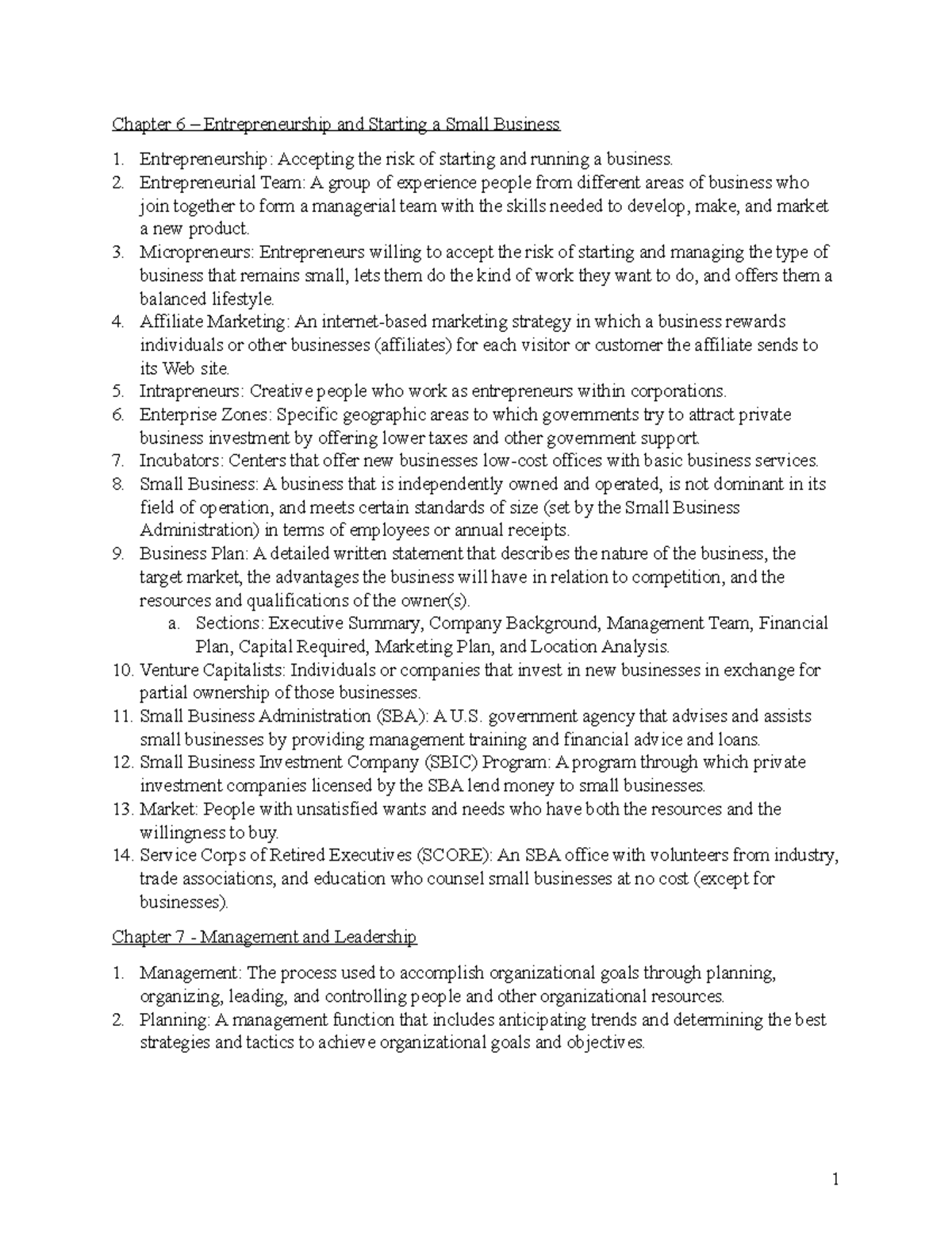 Key Terms - Chapters 6-11 - Chapter 6 – Entrepreneurship and Starting a ...
