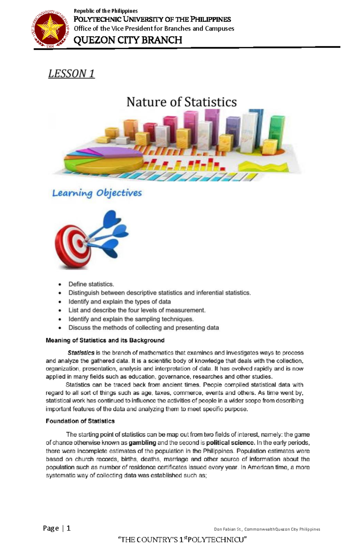 Lesson 1 in Elem. stat - Page | 1 Don Fabian St., CommonwealthQuezon ...