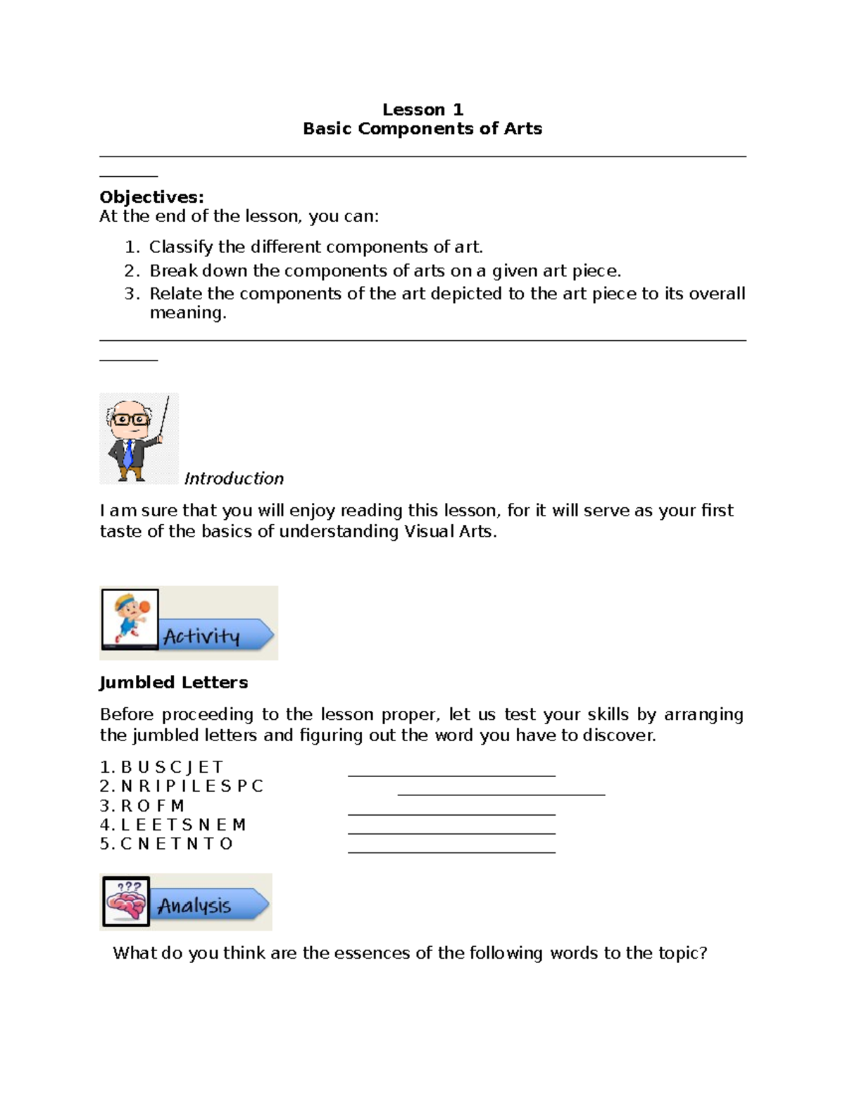 Module 1, Lesson 1- Basic Components of Arts - Lesson 1 Basic ...