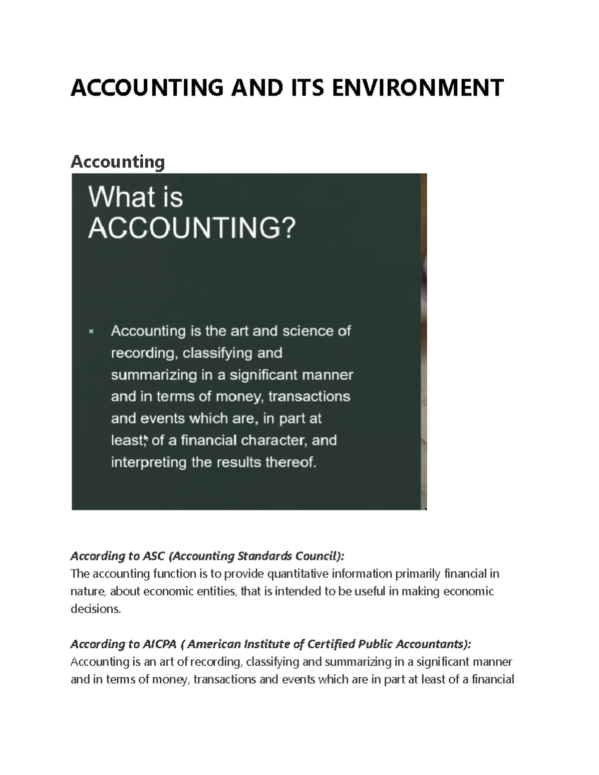 Accounting AND ITS Environment - ACCOUNTING AND ITS ENVIRONMENT ...
