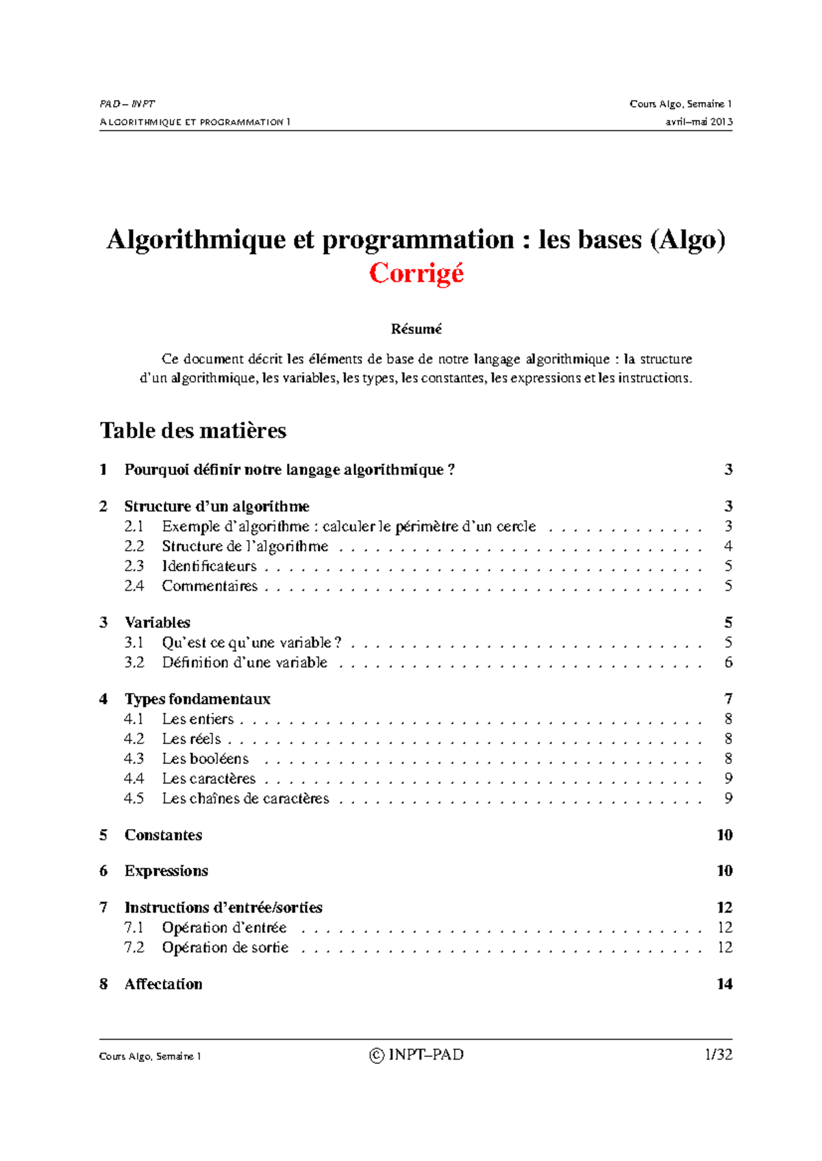 Algorithme NUM = 2 - CEST UN BON PDF - PAD – INPT Algorithmique et programmation : les bases ...