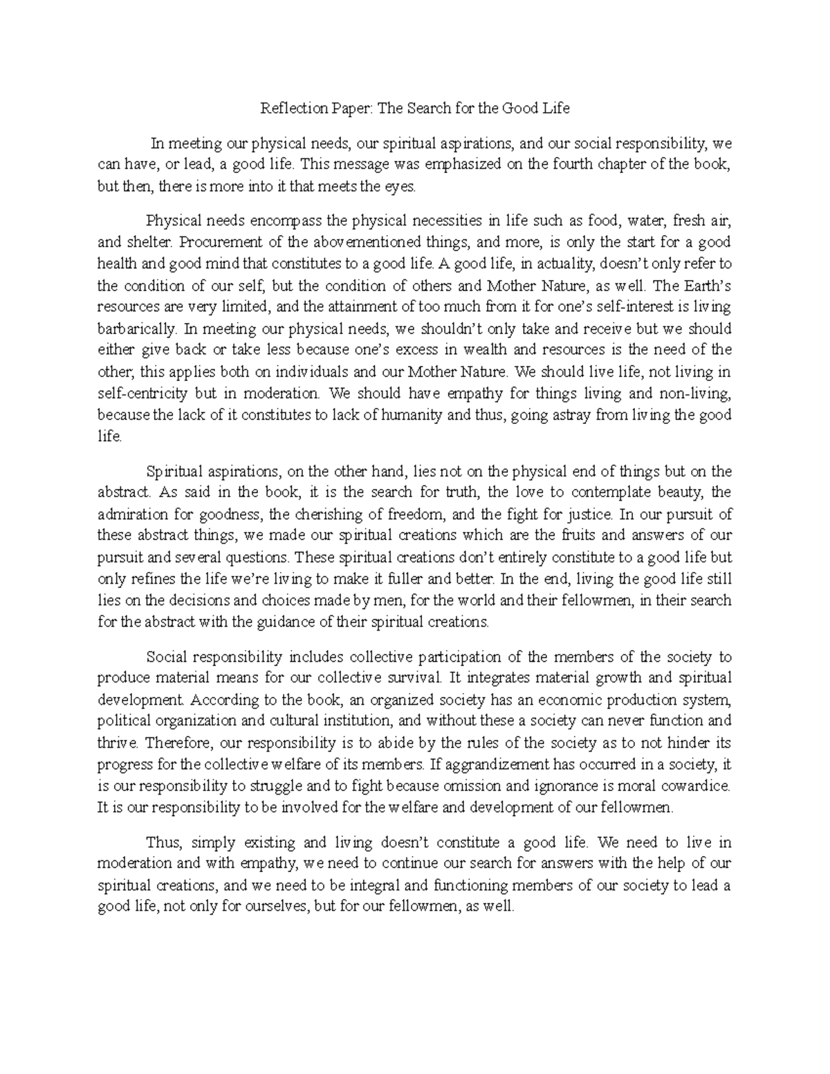 Ethics reflection paper - Reflection Paper: The Search for the Good ...