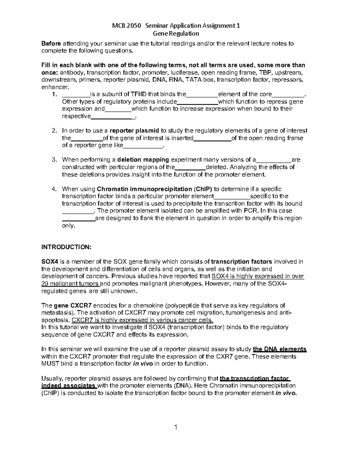Gene regulation Seminar 1 - MCB 2050 Seminar Application Assignment 1 ...