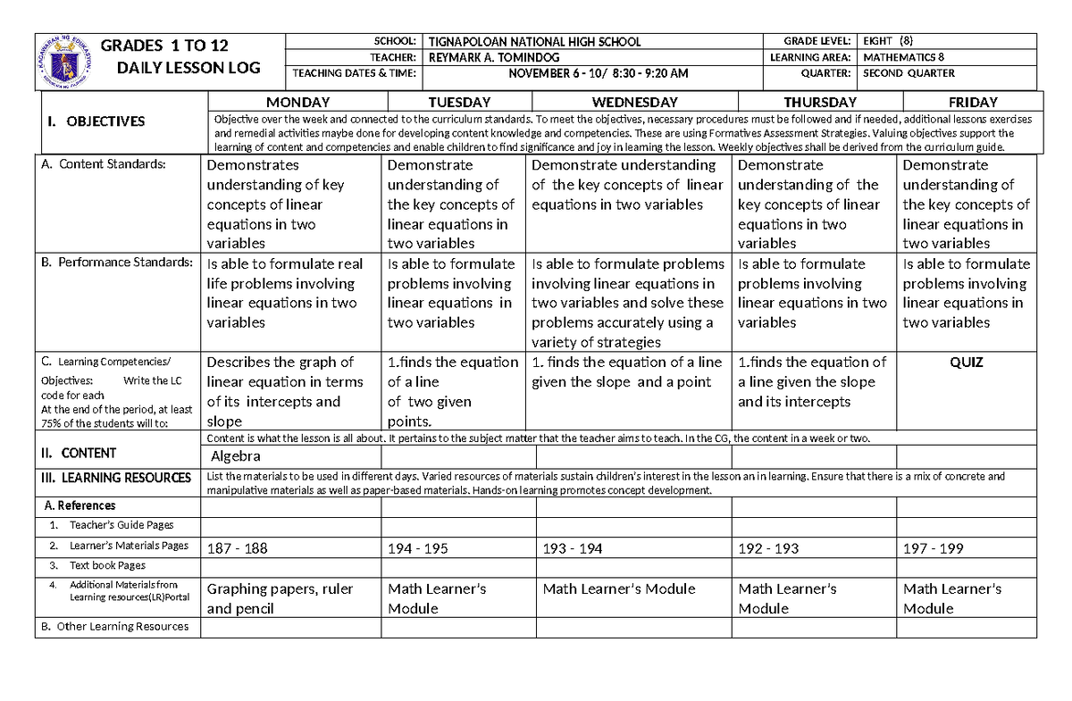 daily lesson plan - GRADES 1 TO 12 DAILY LESSON LOG SCHOOL: TIGNAPOLOAN NATIONAL HIGH SCHOOL ...