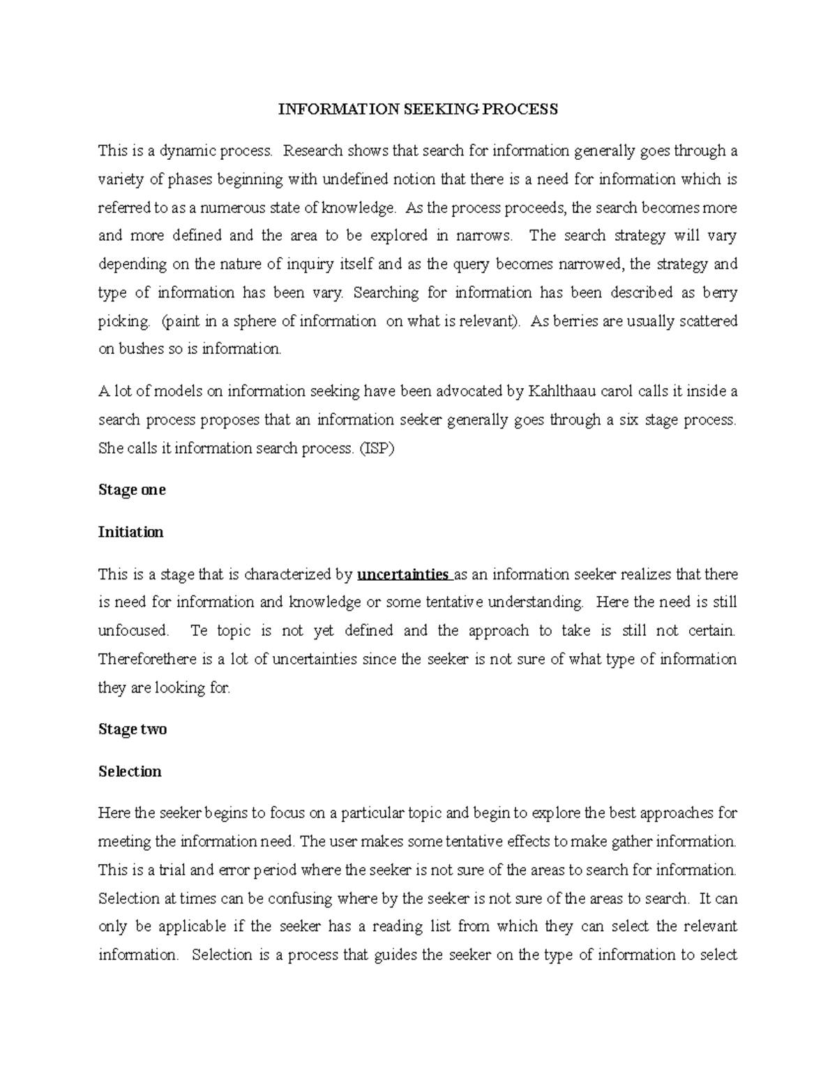 Seeking behaviour and models BIs 2104 - INFORMATION SEEKING PROCESS ...