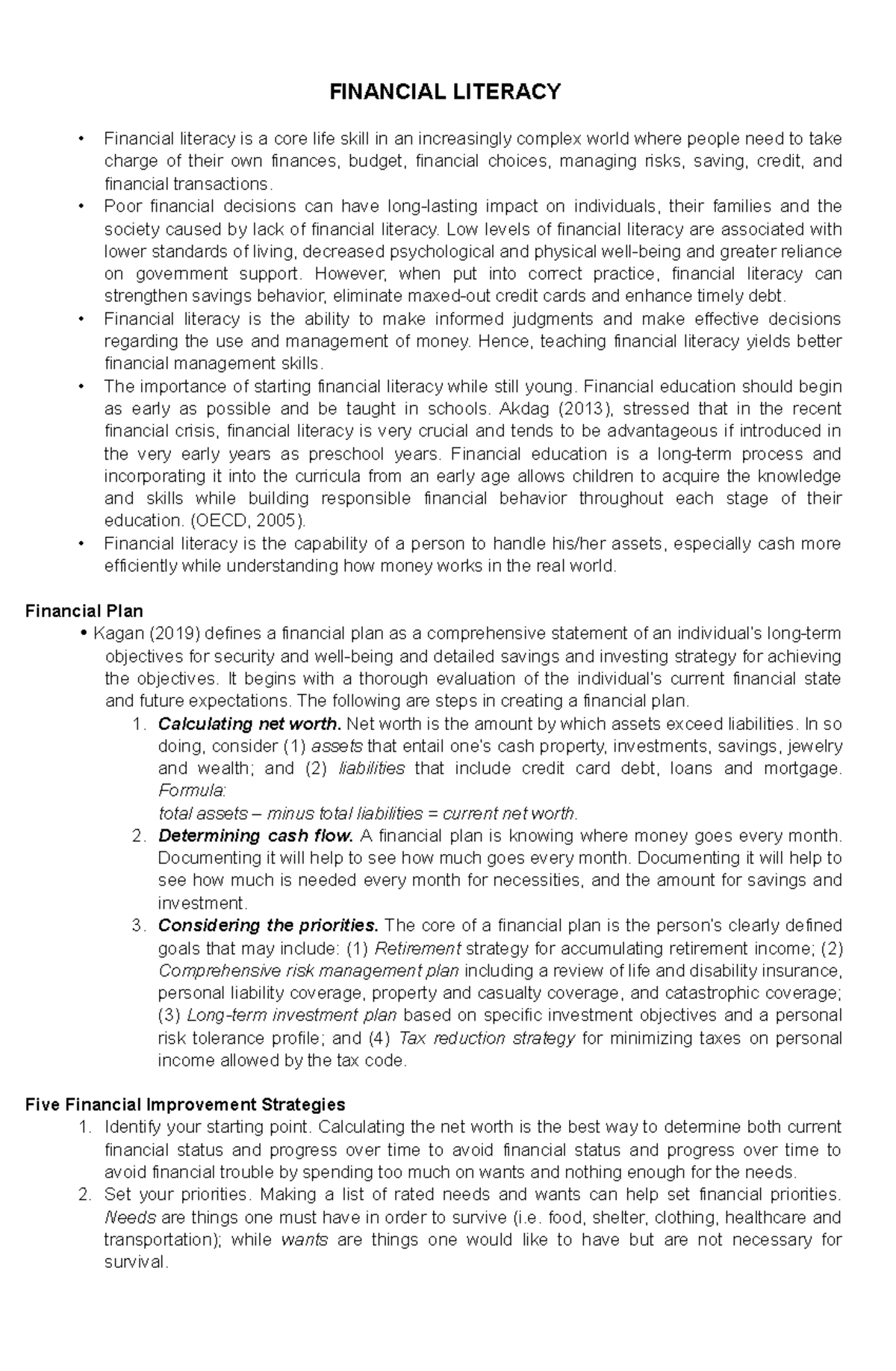 Building and Enhancing New Literacies - FINANCIAL LITERACY Financial ...