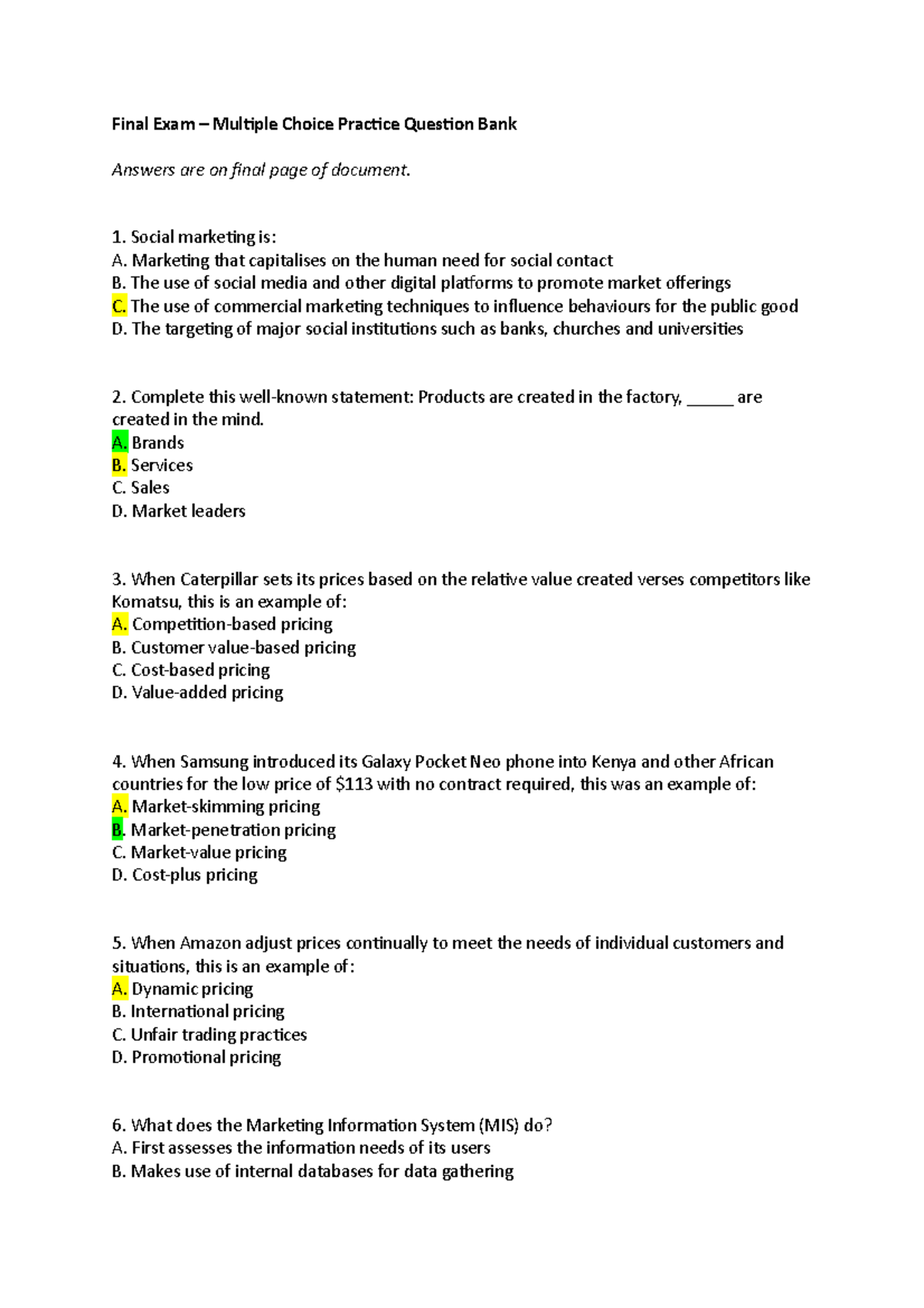 Practice – Final Exam - Final Exam – Multiple Choice Practice Question ...