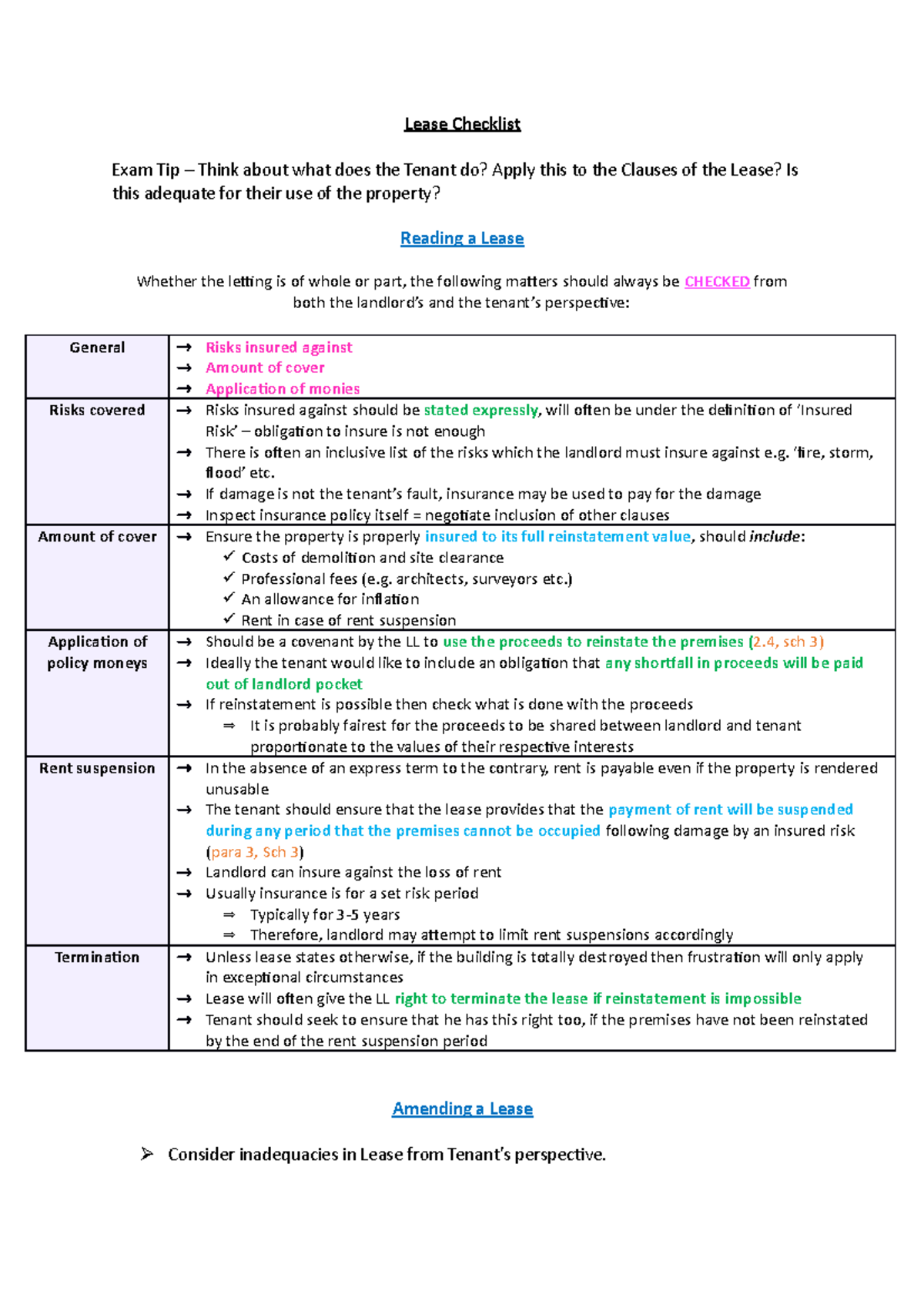 Lease Checklist - Lease Checklist Exam Tip – Think about what does the ...