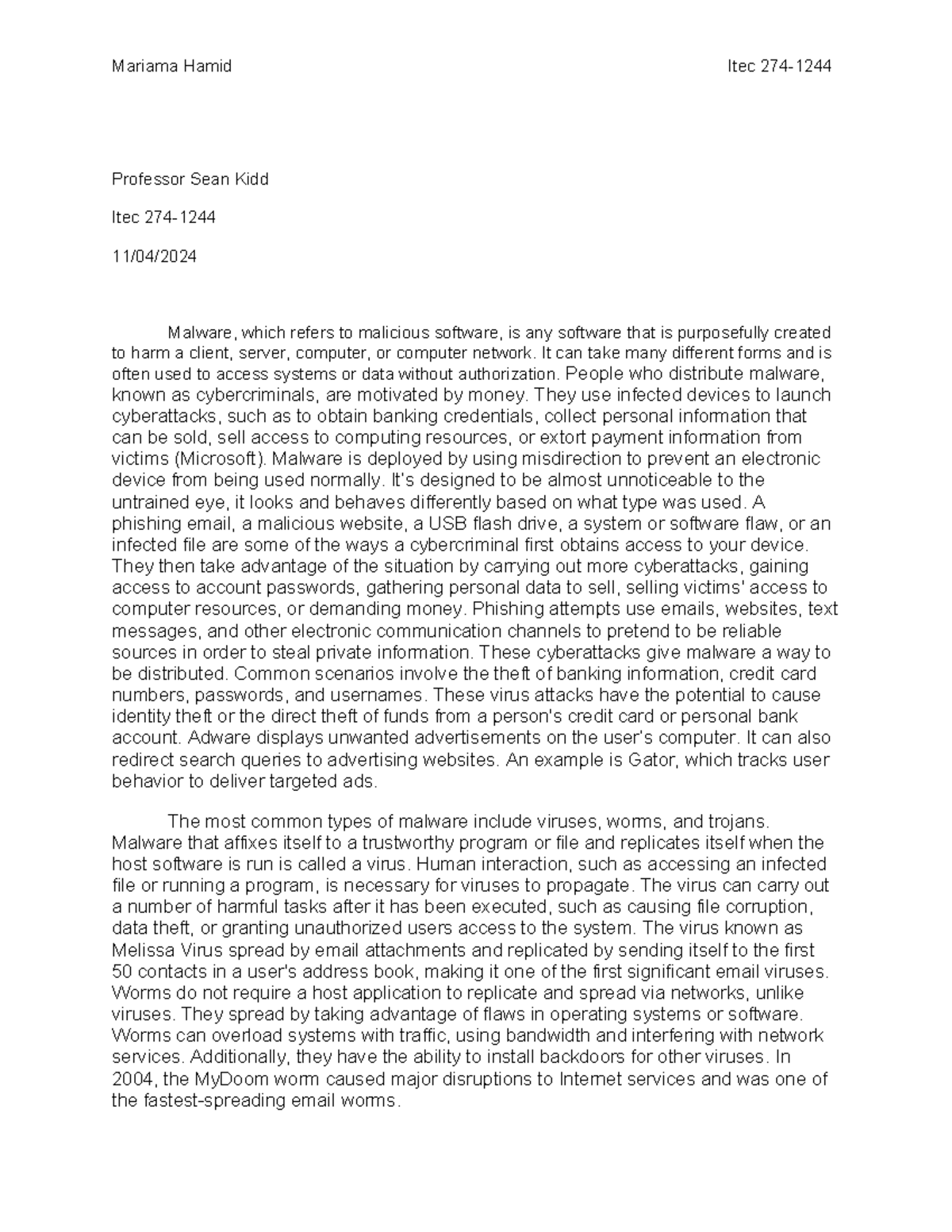 Cyber security - Mariama Hamid Itec 274- Professor Sean Kidd Itec 274 ...