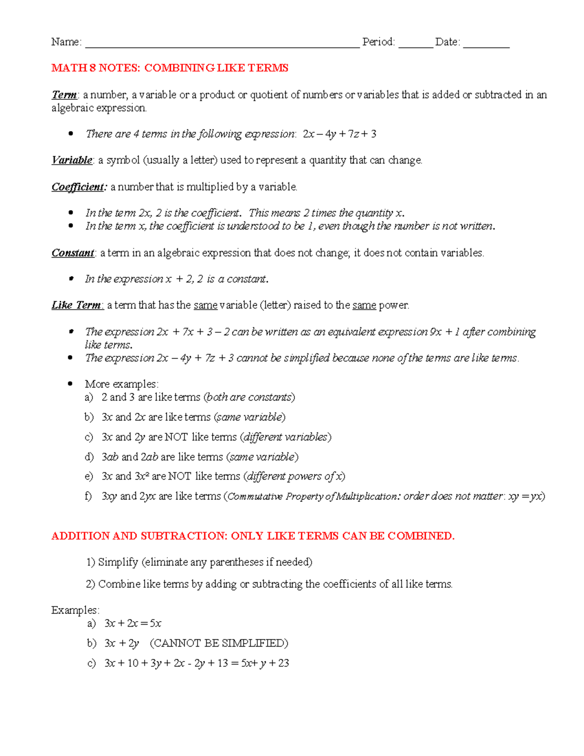 Combining Like Terms - Math - Name ...