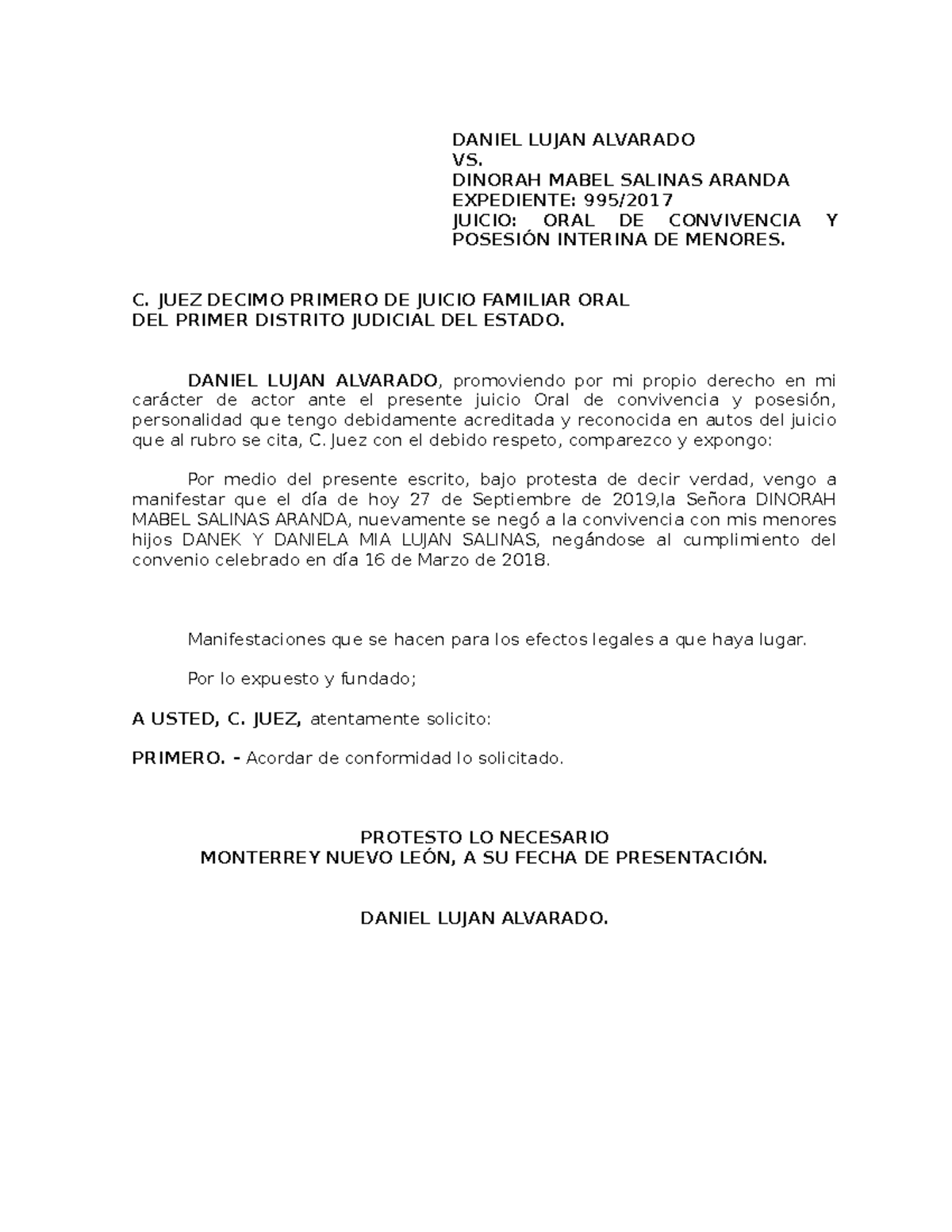 Incumplimiento de contrato - DANIEL LUJAN ALVARADO VS. DINORAH MABEL ...