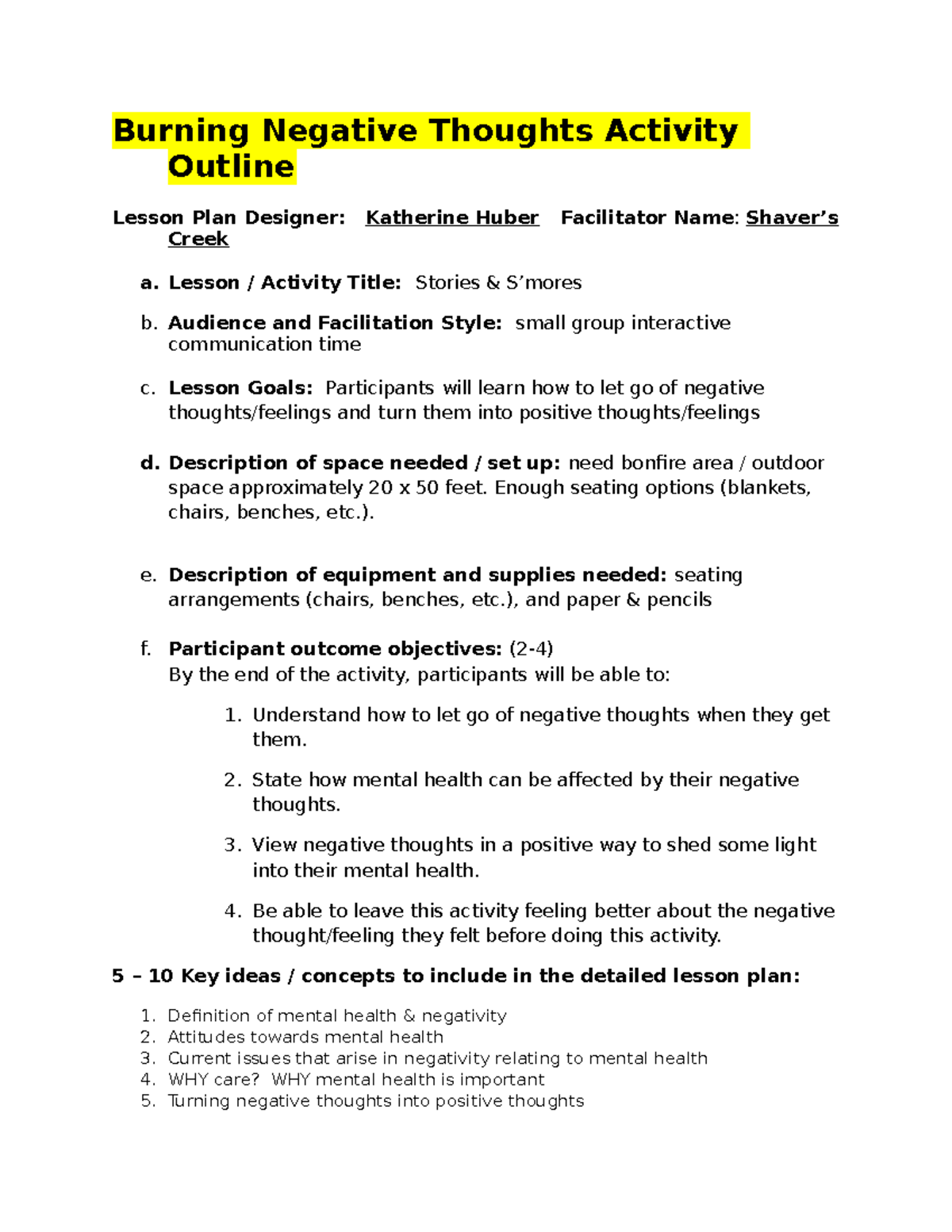 Burning Negative Thoughts Activity Outline - Burning Negative Thoughts ...