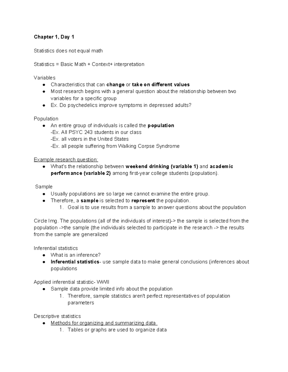 Stats 243 Chapter 1-4 - Chapter 1, Day 1 Statistics does not equal math ...