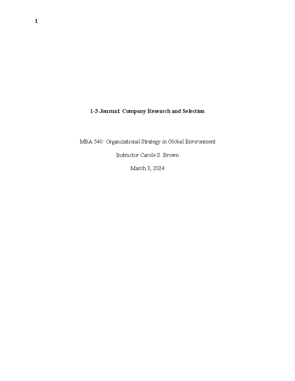 Module 1-3 Journal - 1-3 Journal: Company Research and Selection MBA ...