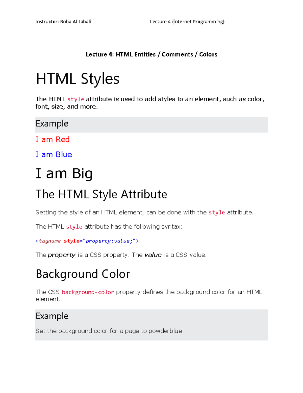 Lecture 4-html-entities from roba - Lecture 4: HTML Entities / Comments / Colors HTML Styles The ...