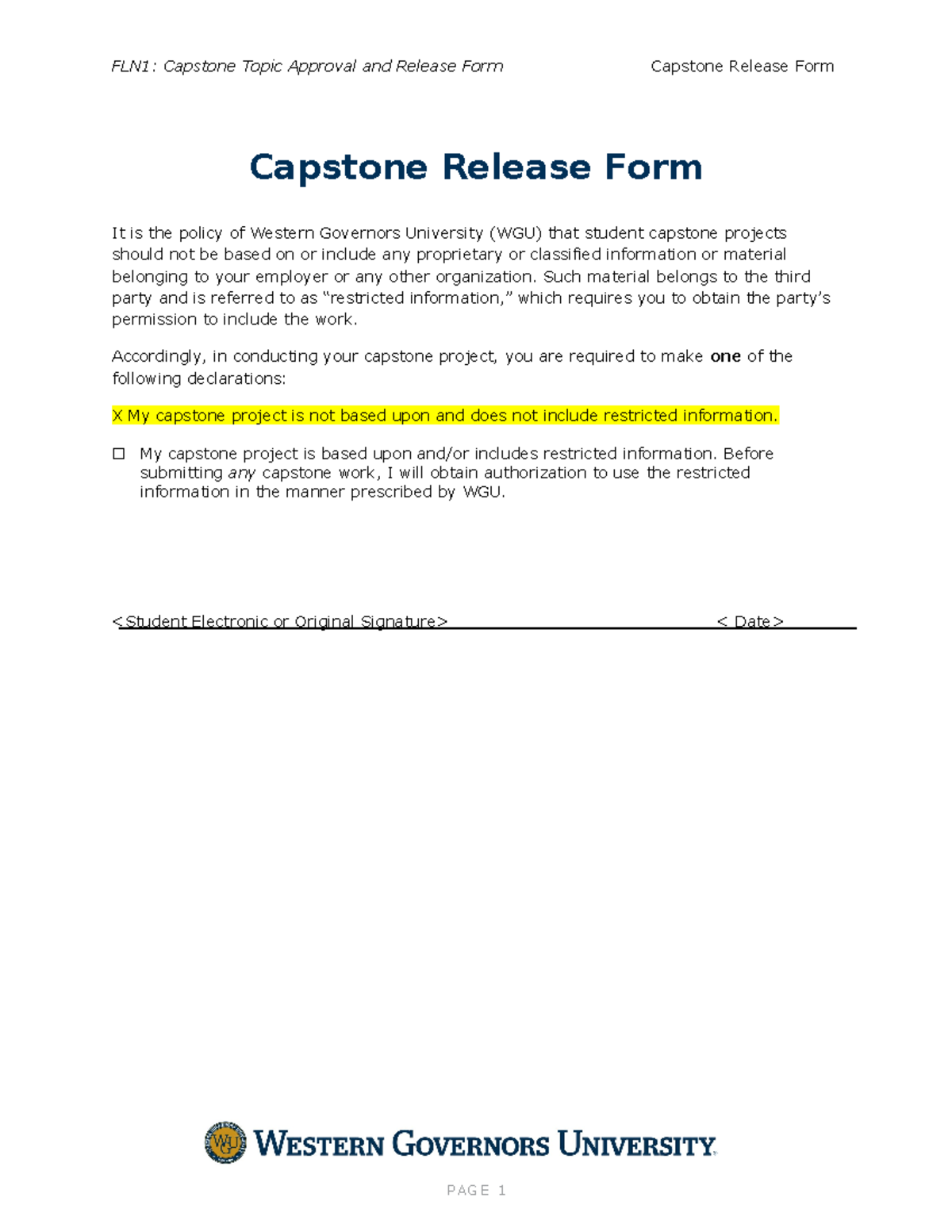 Capstone Release Form - FLN1: Capstone Topic Approval and Release Form Capstone Release Form ...