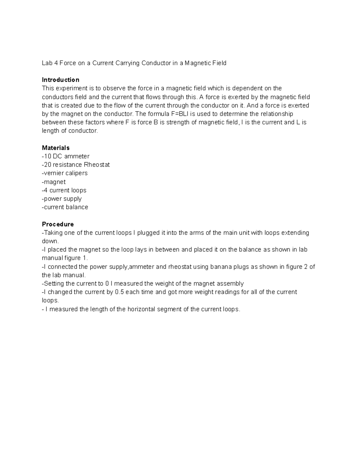 4 - physics lab 4 - Lab 4 Force on a Current Carrying Conductor in a Magnetic Field Introduction ...