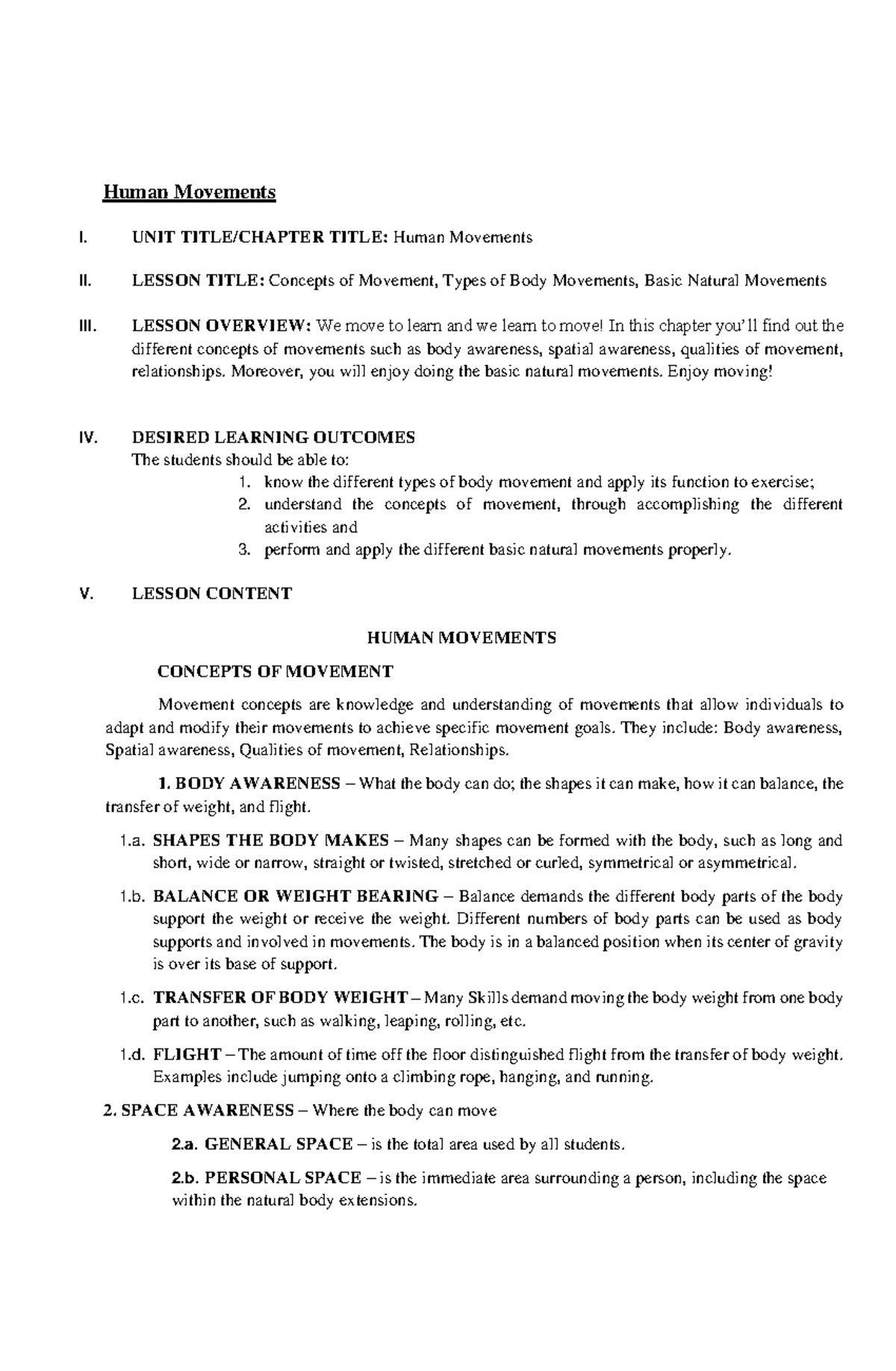Human Movements Module - Human Movements I. UNIT TITLE/CHAPTER TITLE ...