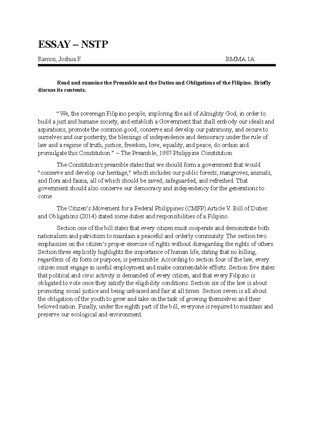 Essay NSTP Joshua - asd - ESSAY – NSTP Ramos, Joshua F. BMMA 1A Read ...