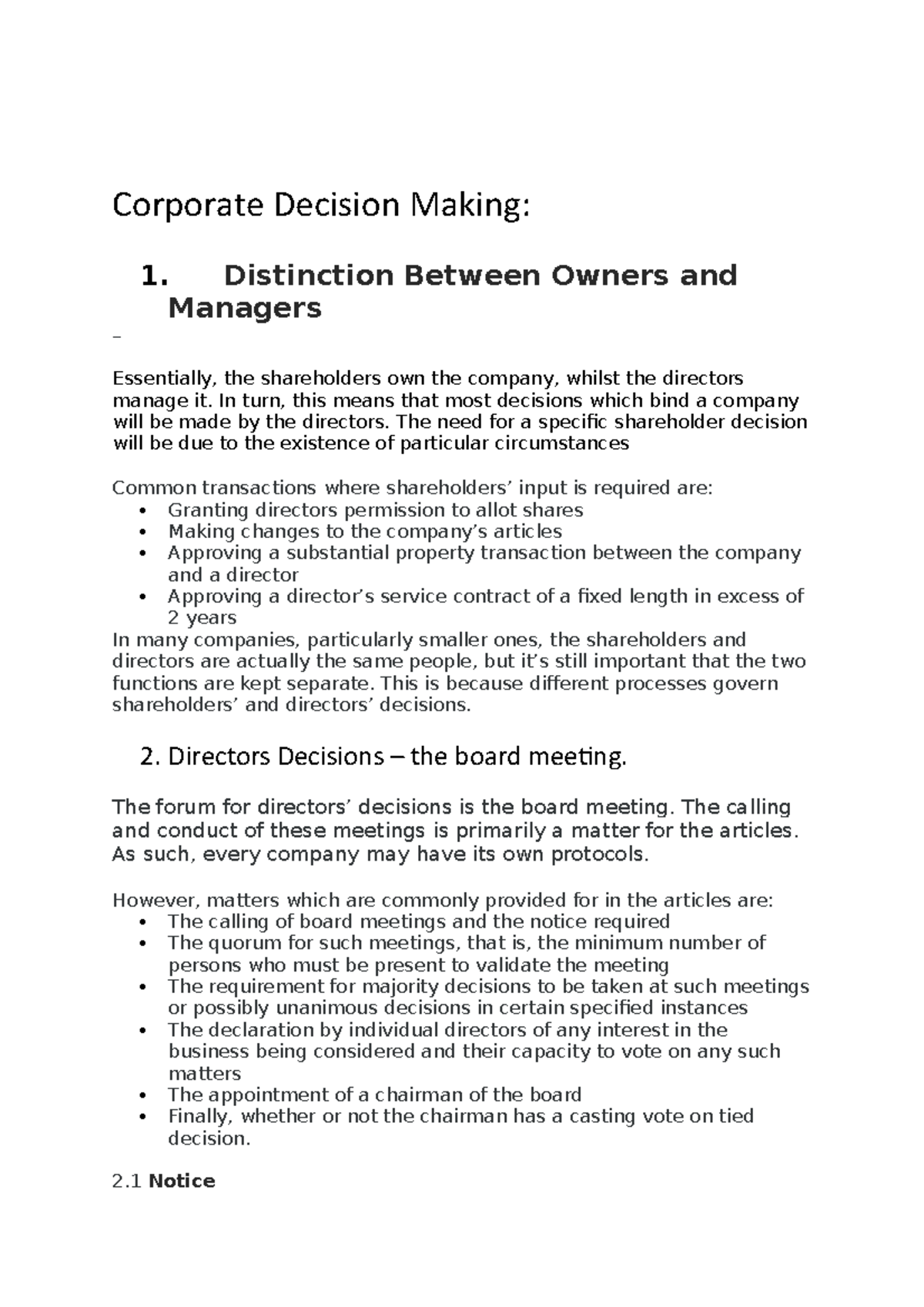 Corporate Decision Making - Distinction Between Owners and Managers ...