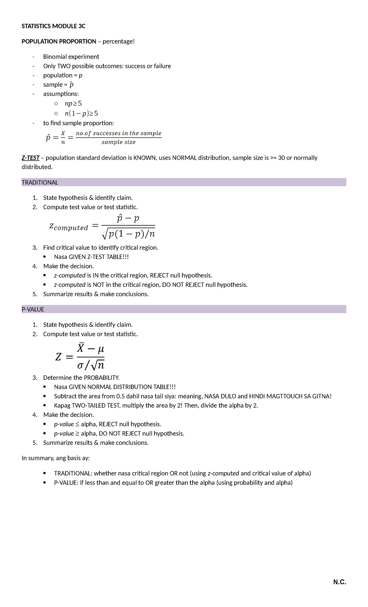 Statistics Module 3 (c) - STATISTICS MODULE 3C POPULATION PROPORTION ...