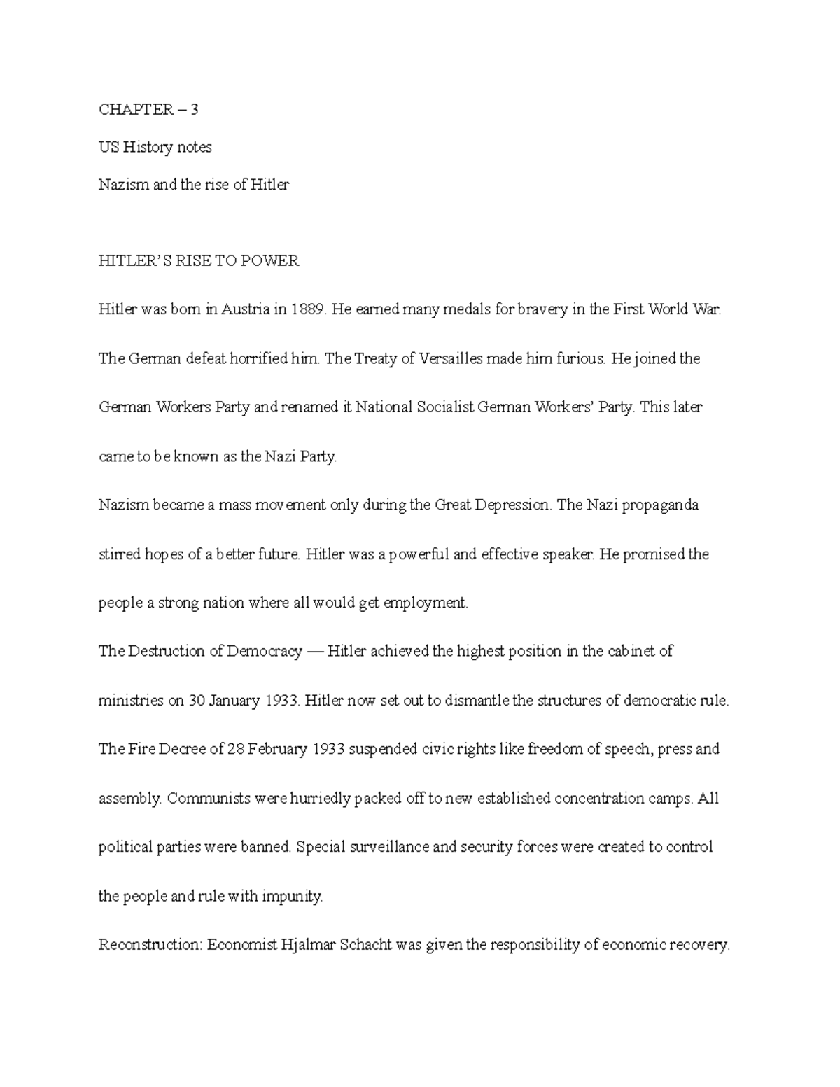 Chapter – 3 US History 2 - Notes - CHAPTER – 3 US History notes Nazism ...