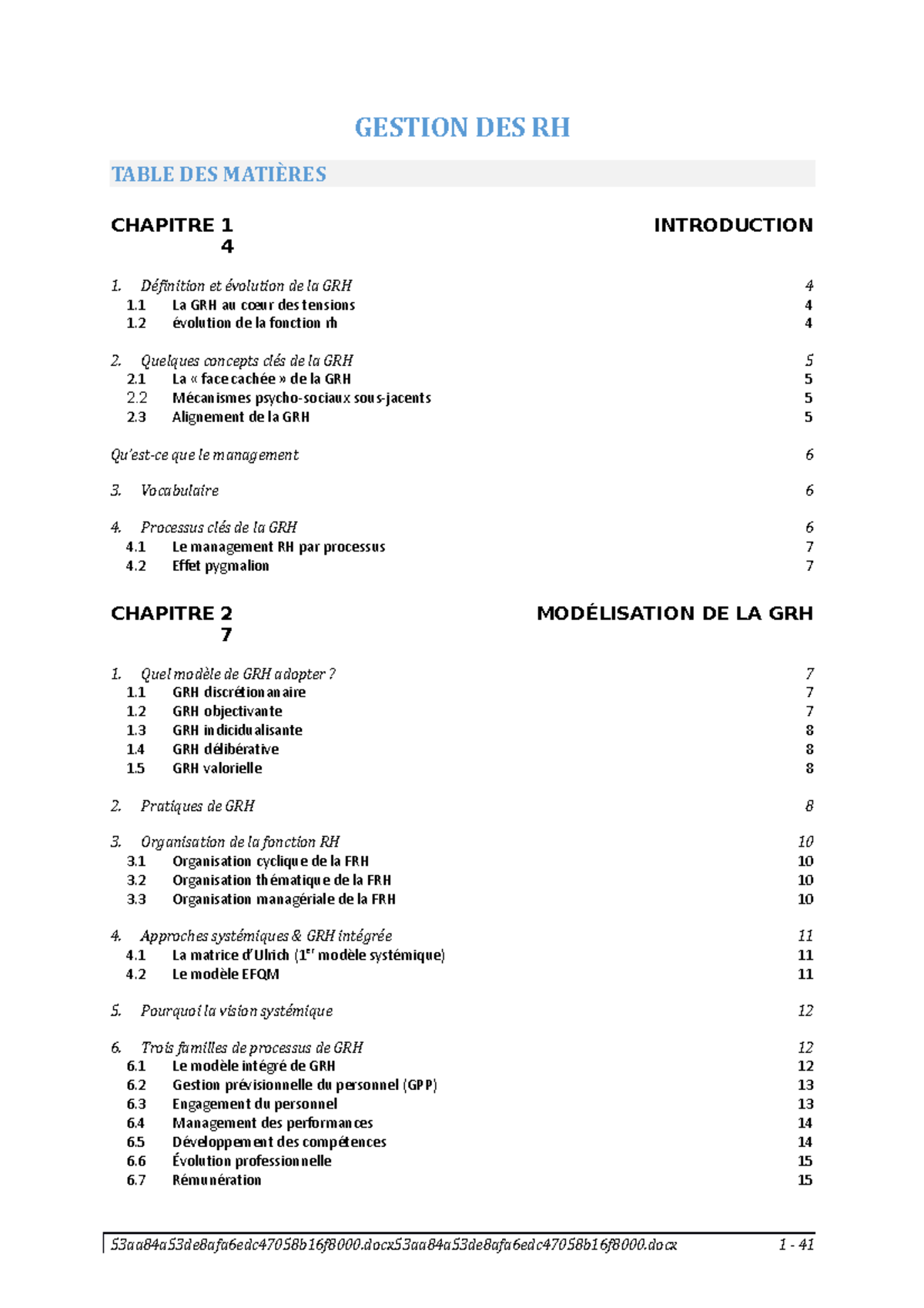 Gestion RH - Cours de GRH 1 - GESTION DES RH TABLE DES MATIÈRES ... Gestion RH - Cours de GRH 1 - GESTION DES RH TABLE DES MATIÈRES ...