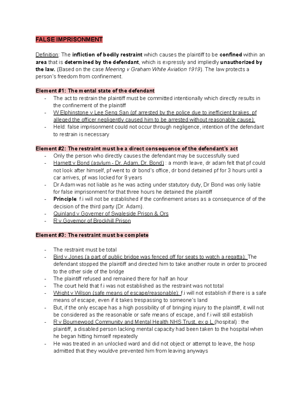 [Torts] False Imprisonment - FALSE IMPRISONMENT Definition: The ...