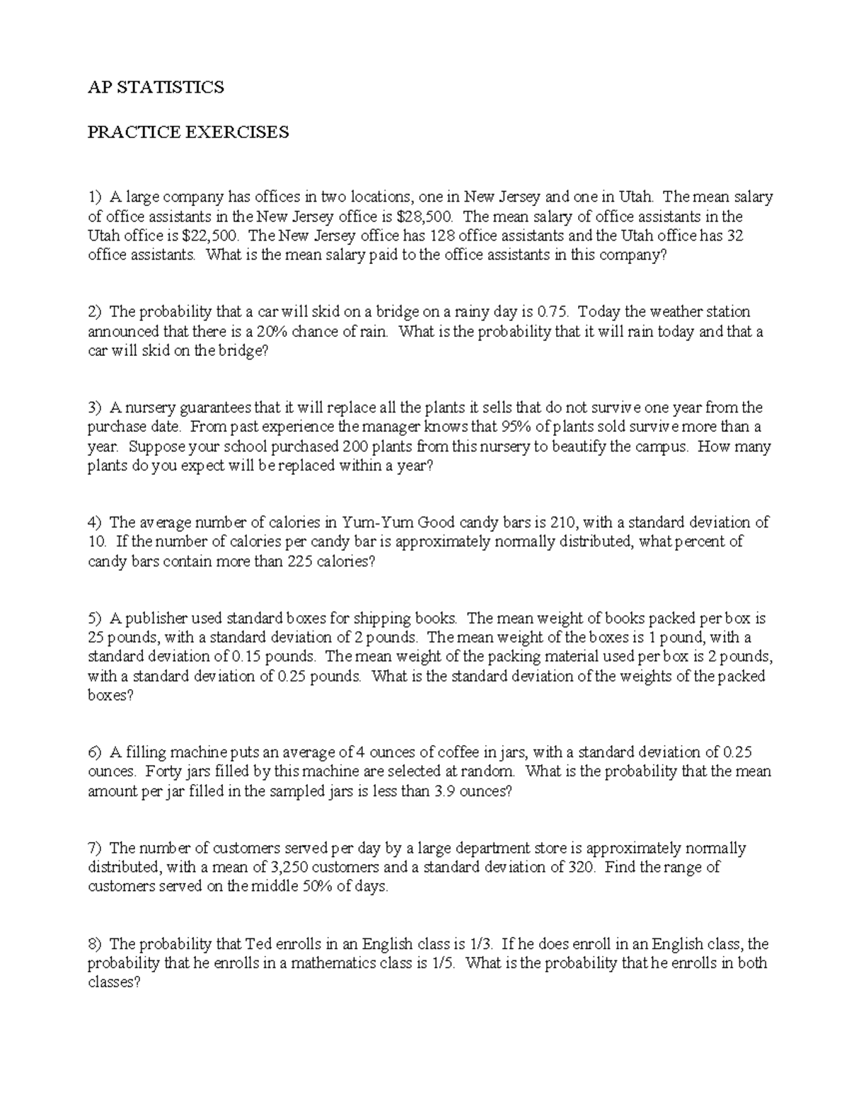 Warm-Up Exercises - AP STATISTICS PRACTICE EXERCISES A large company ...