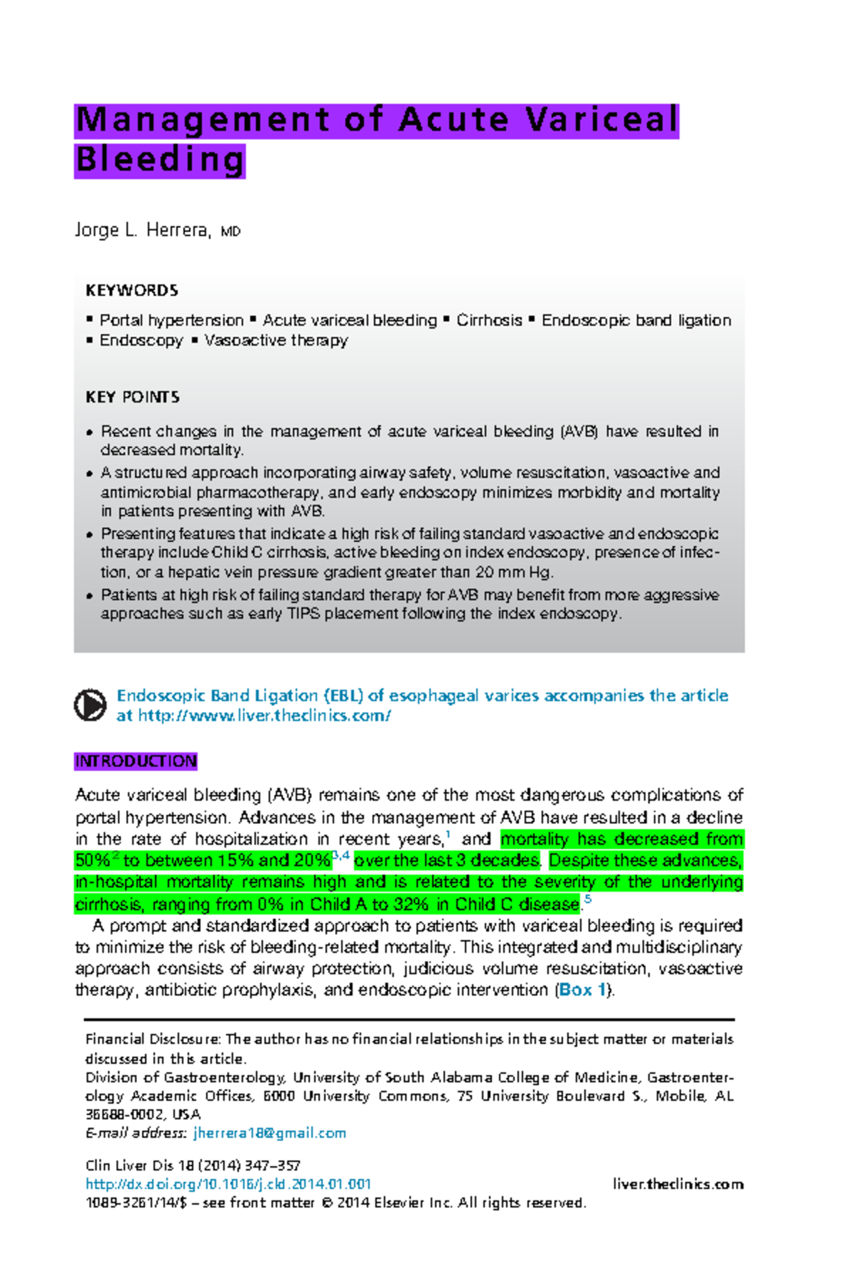 Management of Acute Variceal Bleeding - Management of Acute Variceal ...