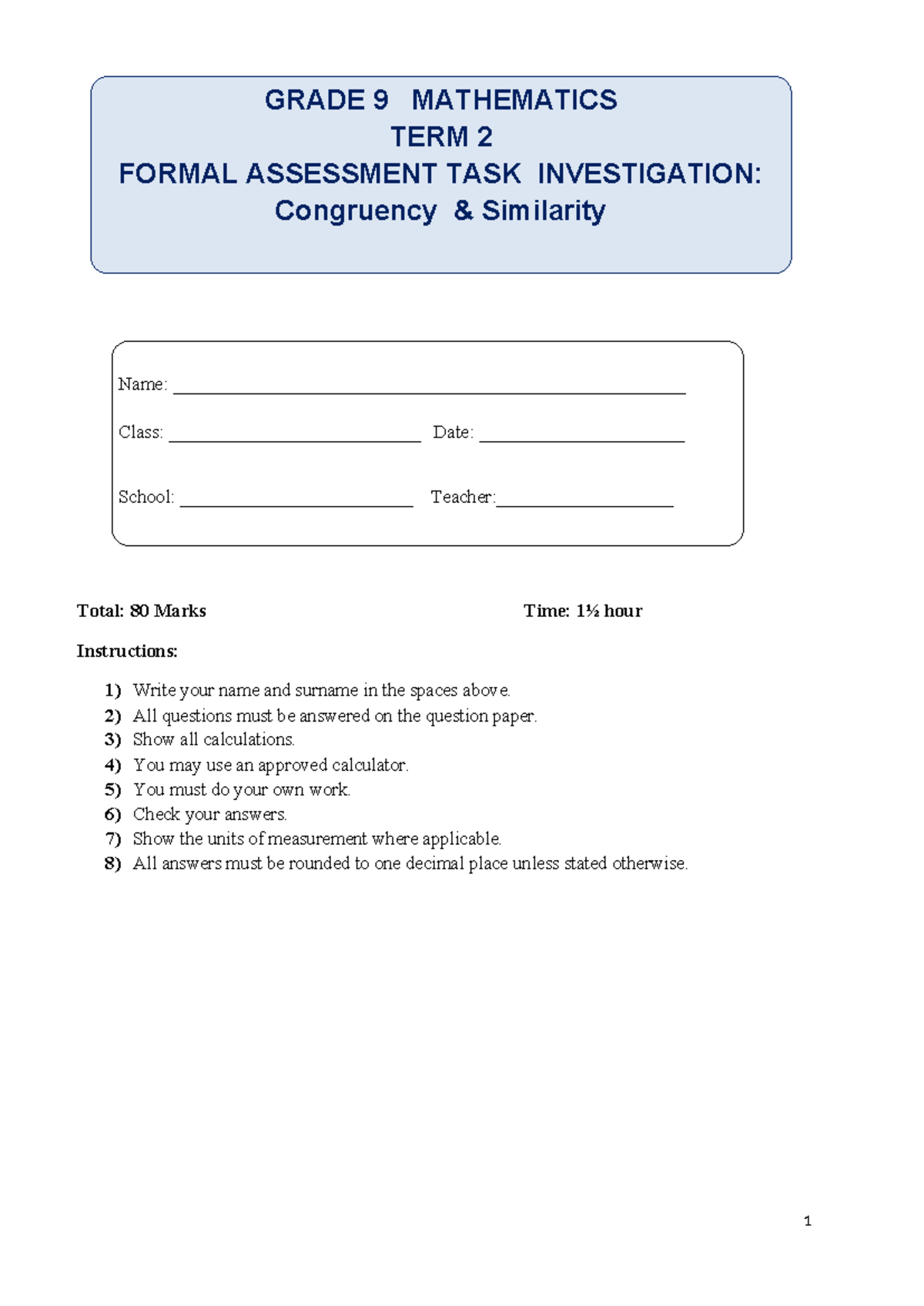 Mathematics Gr 9 Exemplar of Investigation Term 2 - Congruency ...