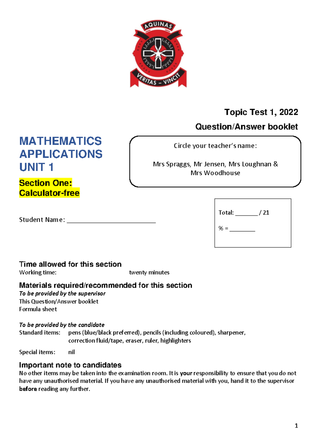 2022 Yr11 Apps Topic Test 1 - Topic Test 1, 202 2 Question/Answer ...