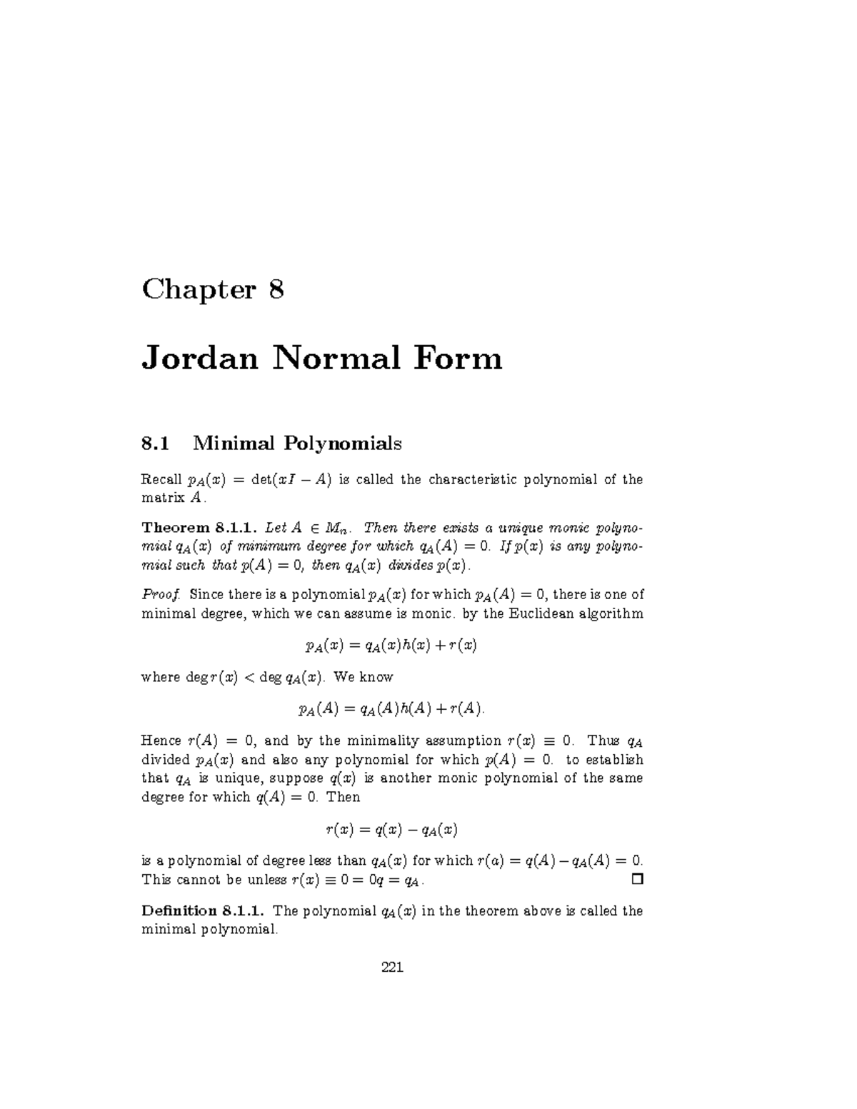 Chapter 8 - Chapter 8 Jordan Normal Form 8 Minimal Polynomials Recall ...