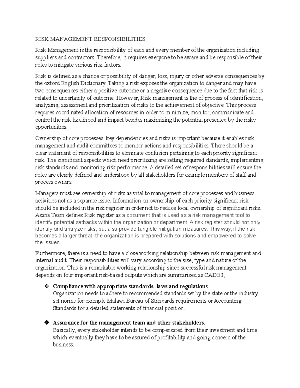 RISK Management Responsibilities assignment amended - RISK MANAGEMENT ...