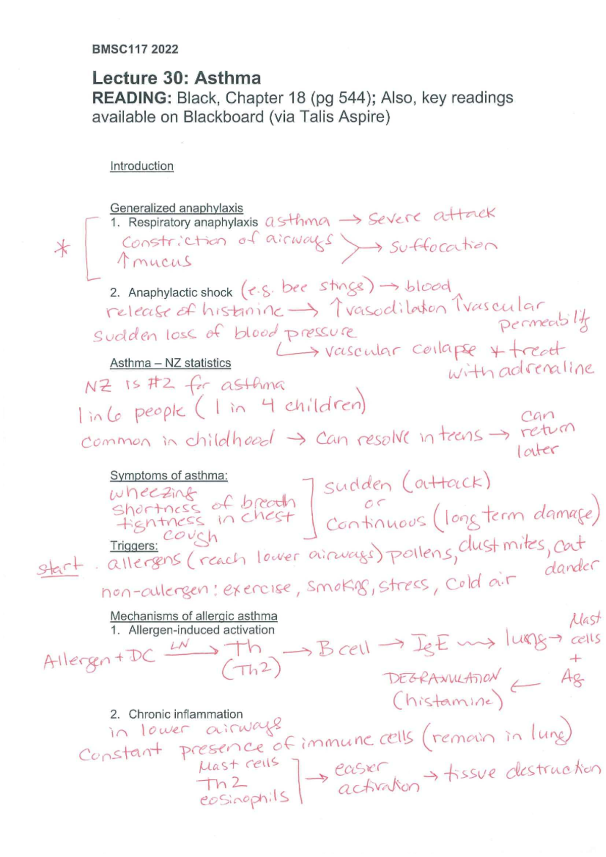 Asthma - Lecture notes - BMSC 117 2022 Lecture 30 : Asthma READING ...