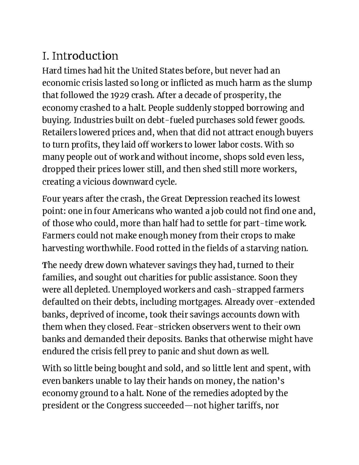 The Great Depression - Notes - I. Introduction Hard times had hit the ...
