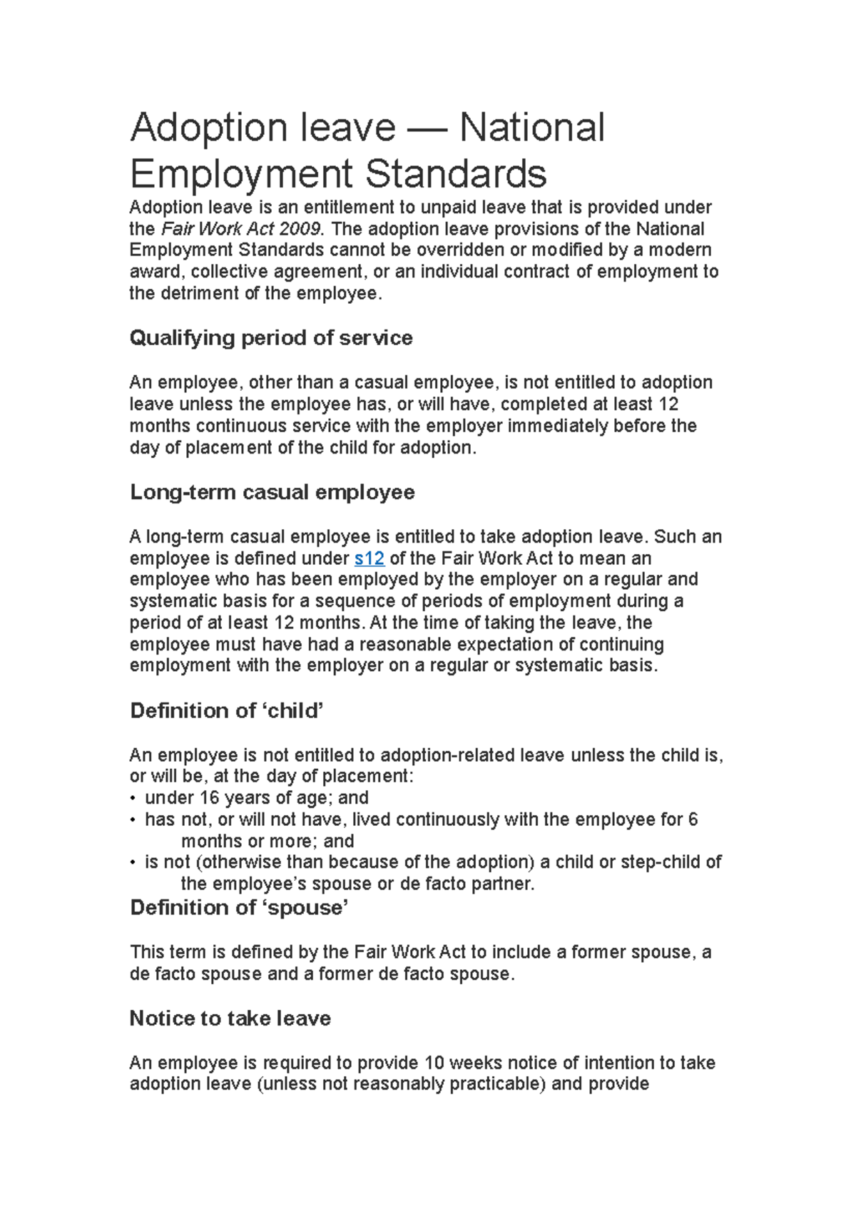 Adoption leave — National Employment Standards - Adoption leave ...