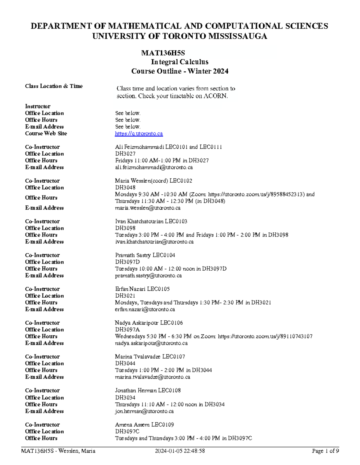 MAT136H5S syllabus Winter 2024 UTM - DEPARTMENT OF MATHEMATICAL AND ...
