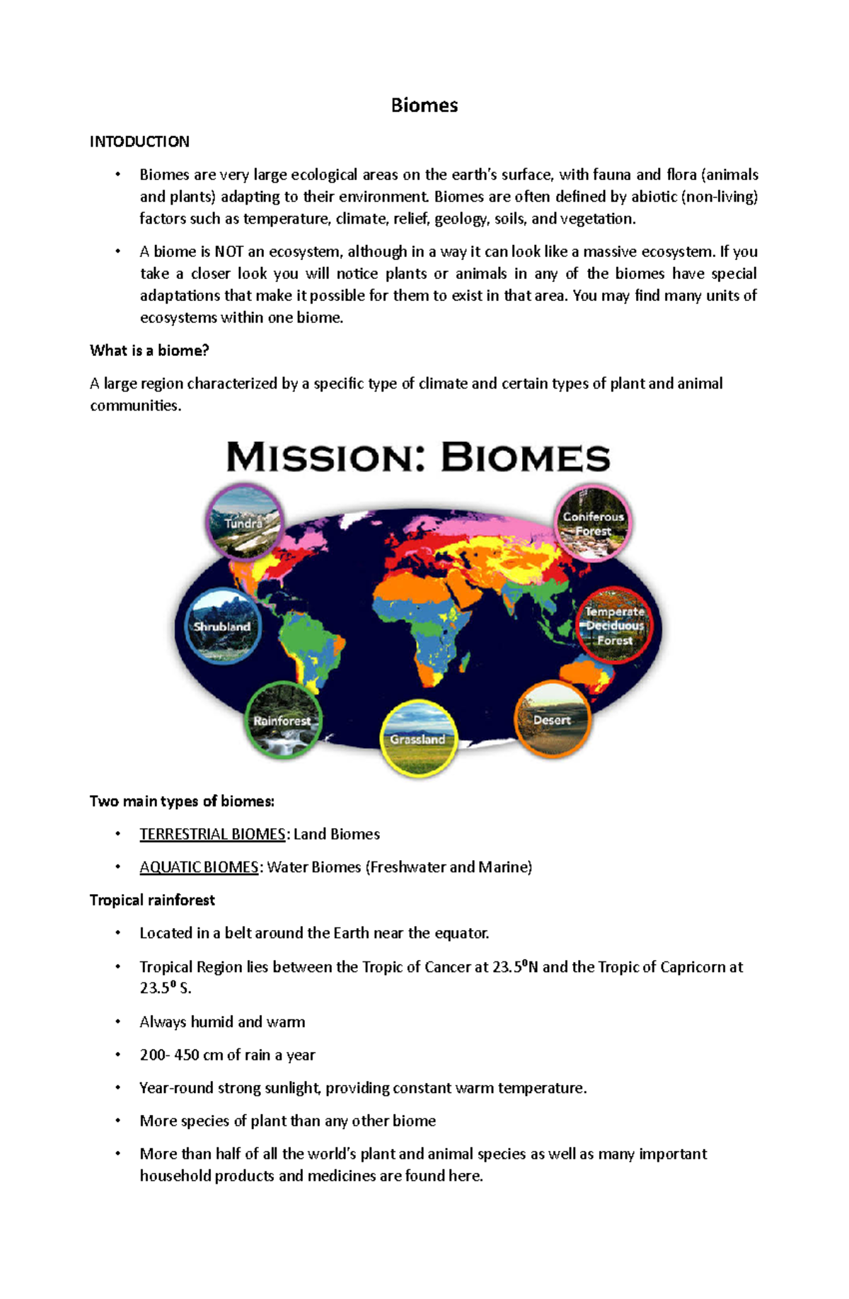 environmental science - Biomes INTODUCTION Biomes are very large ...