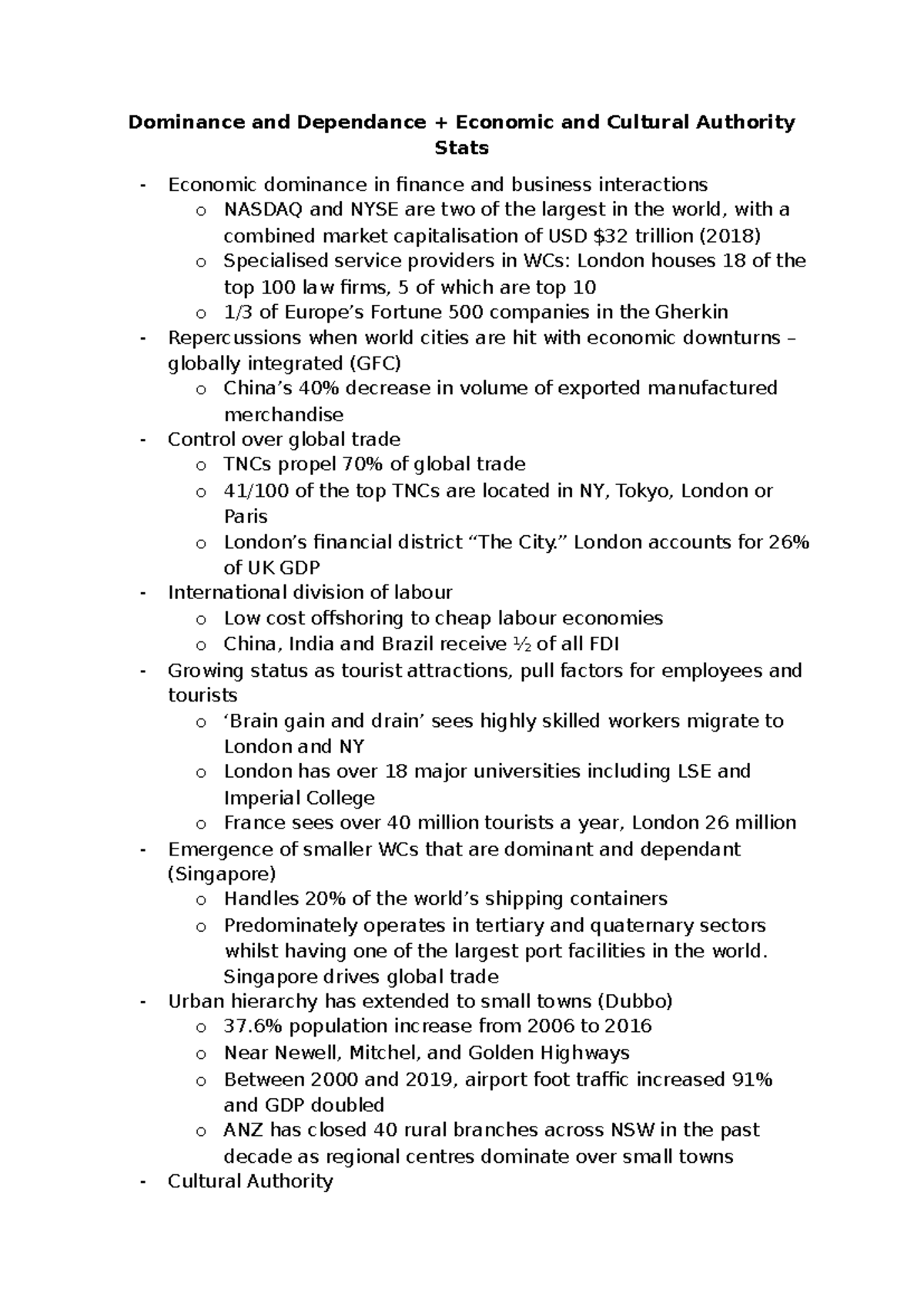 World Cities Essay Stats - Dominance and Dependance + Economic and Cultural Authority Stats ...
