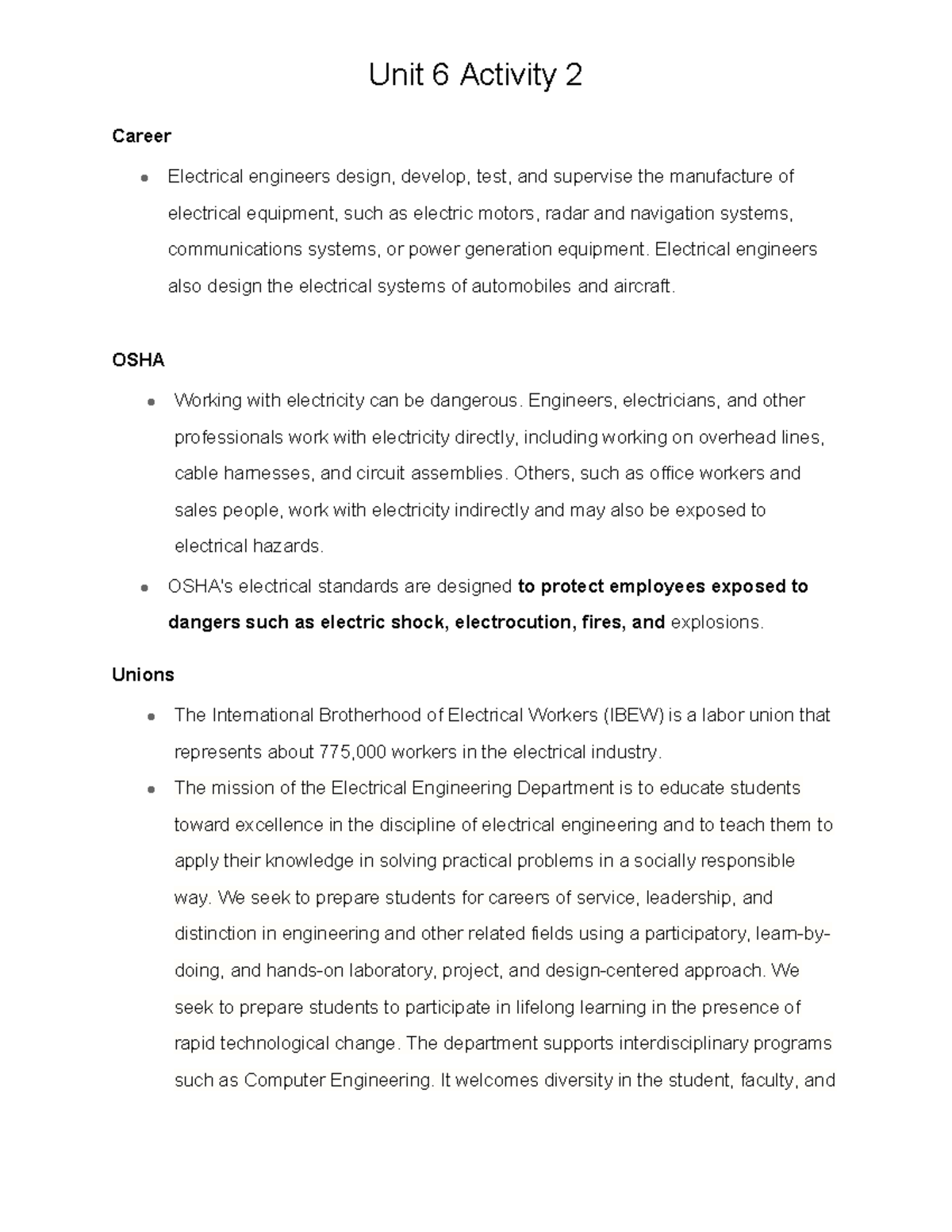 Career - nbweuonfuononjnldsnfl - Unit 6 Activity 2 Career Electrical ...
