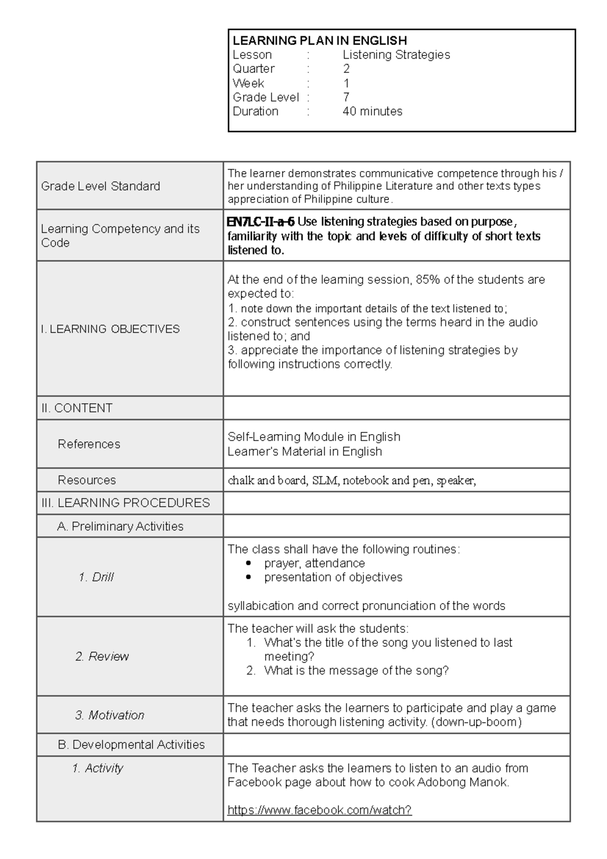 COT Listening Strat - Daily Lesson Log that may help you make lessons ...