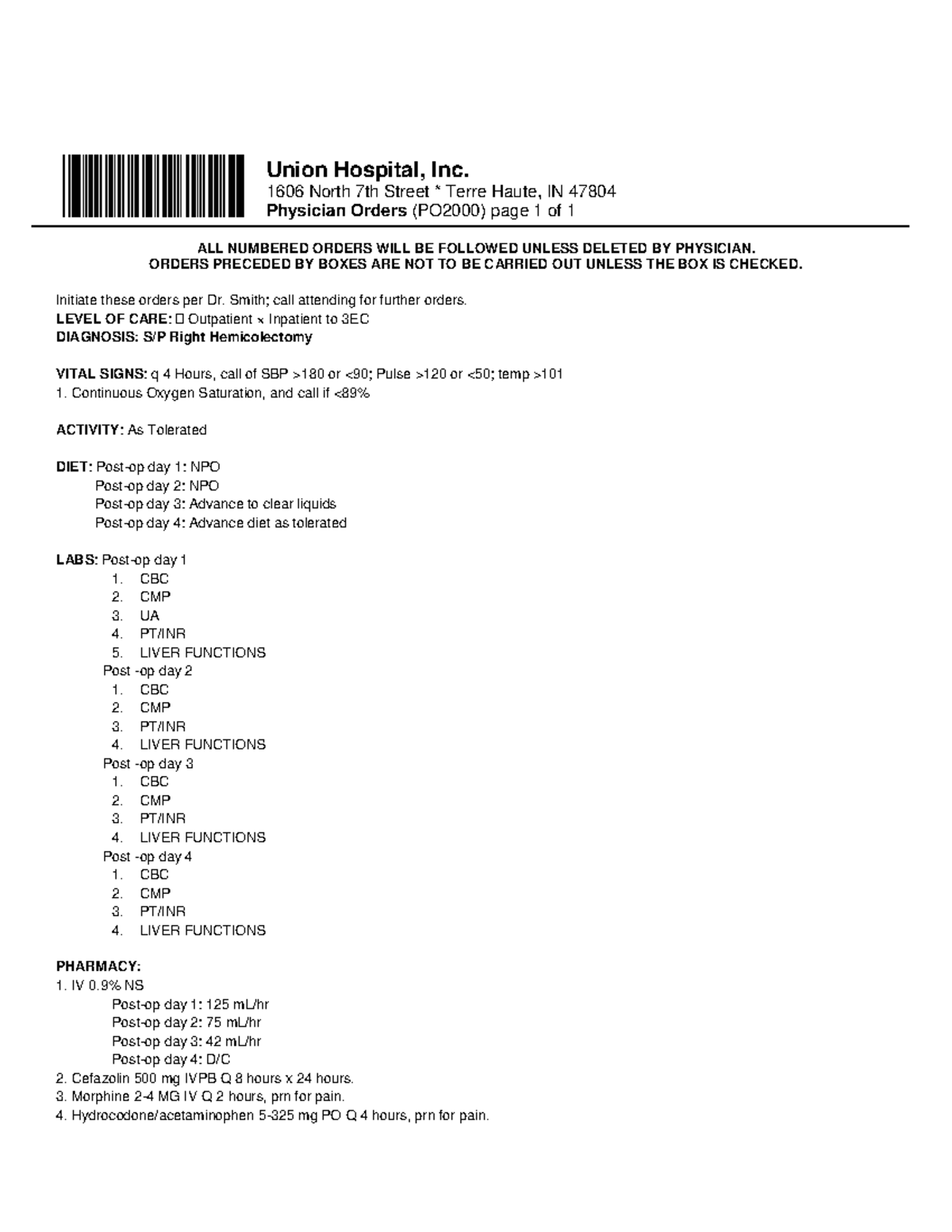 8 - Post-op Orders - notes - Union Hospital, Inc. 1606 North 7th Street ...