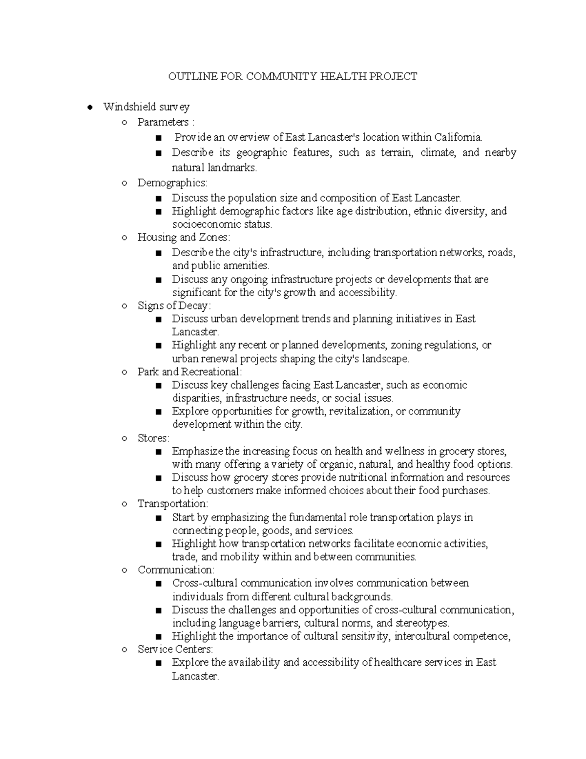 Outline FOR Community Health Project - OUTLINE FOR COMMUNITY HEALTH ...