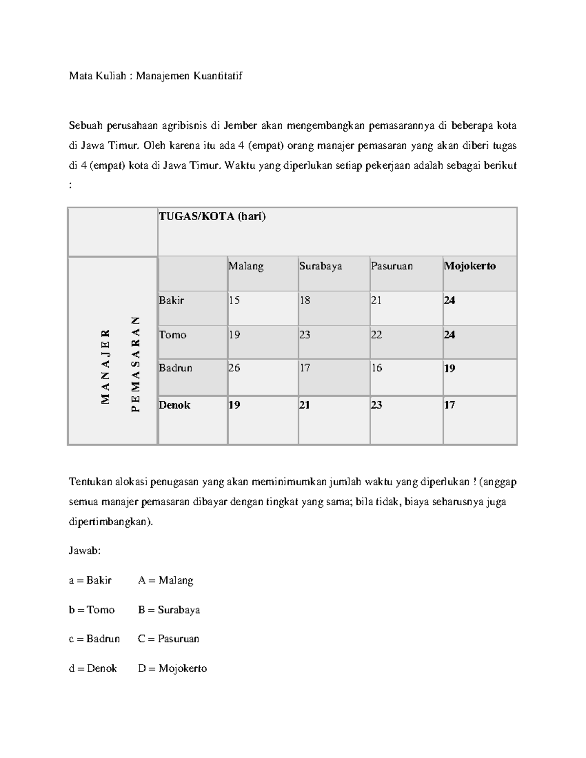 Tugas pertemuan 9 minimisasi - Mata Kuliah : Manajemen Kuantitatif ...