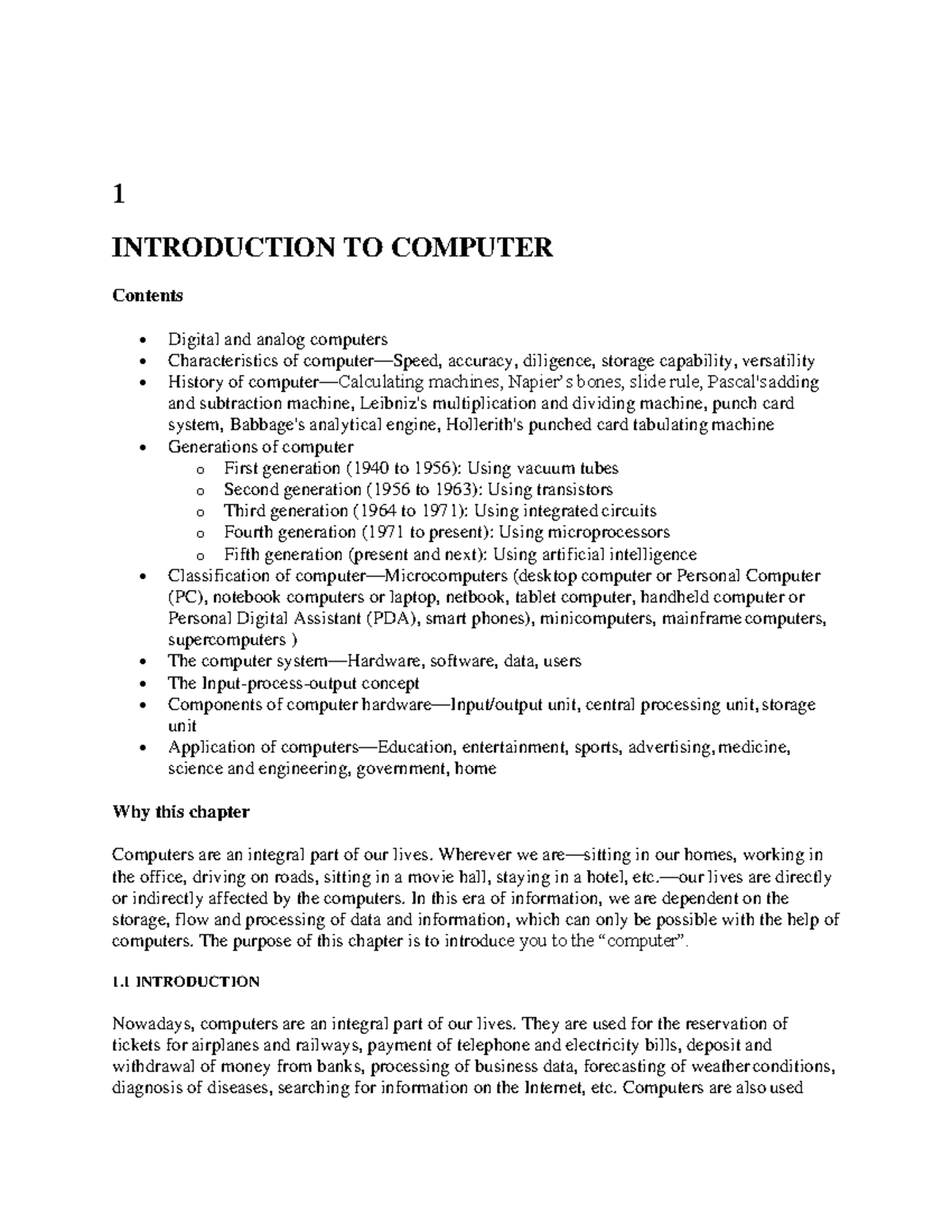 Chapter 1 introduction to computer - 1 INTRODUCTION TO COMPUTER ...