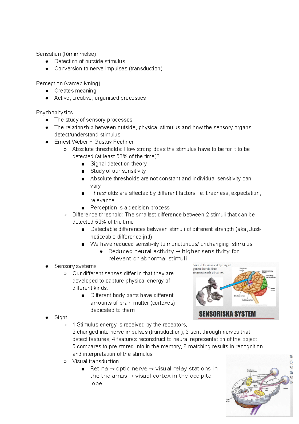 5 Sensation and Perception - Sensation (förnimmelse) Detection of ...