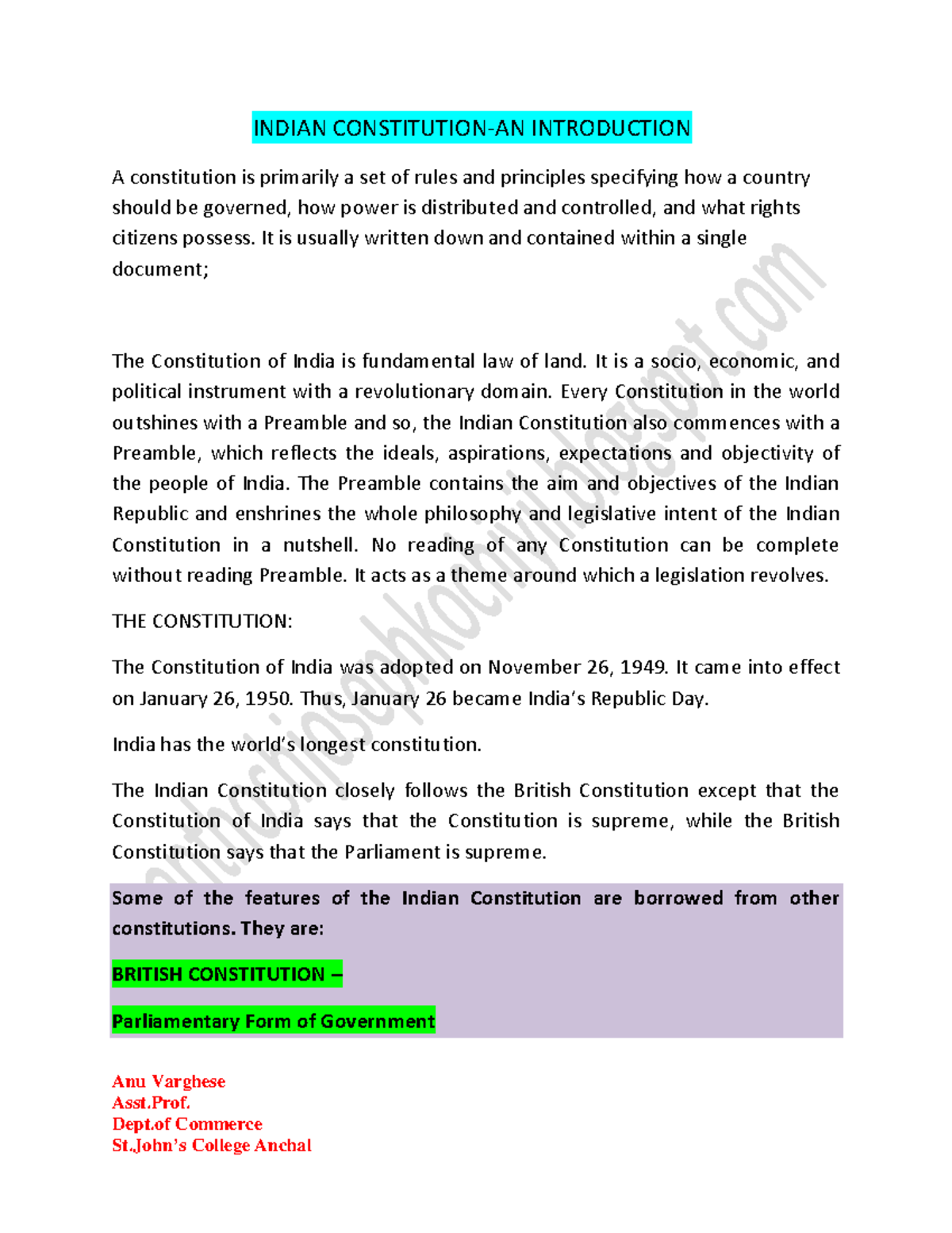 Introduction to Constitution of India - Anu Varghese Asst. Dept ...